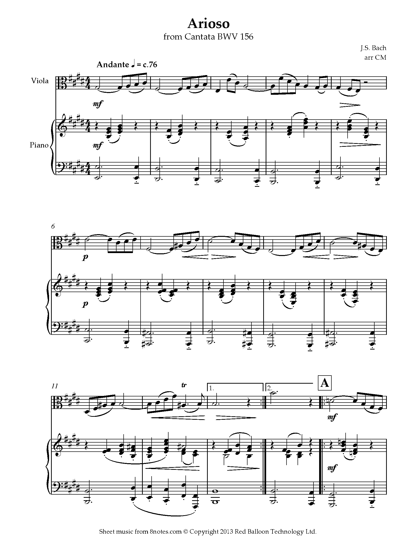 Bach - Arioso from Cantata BWV 156 Sheet music for Viola - 8notes.com