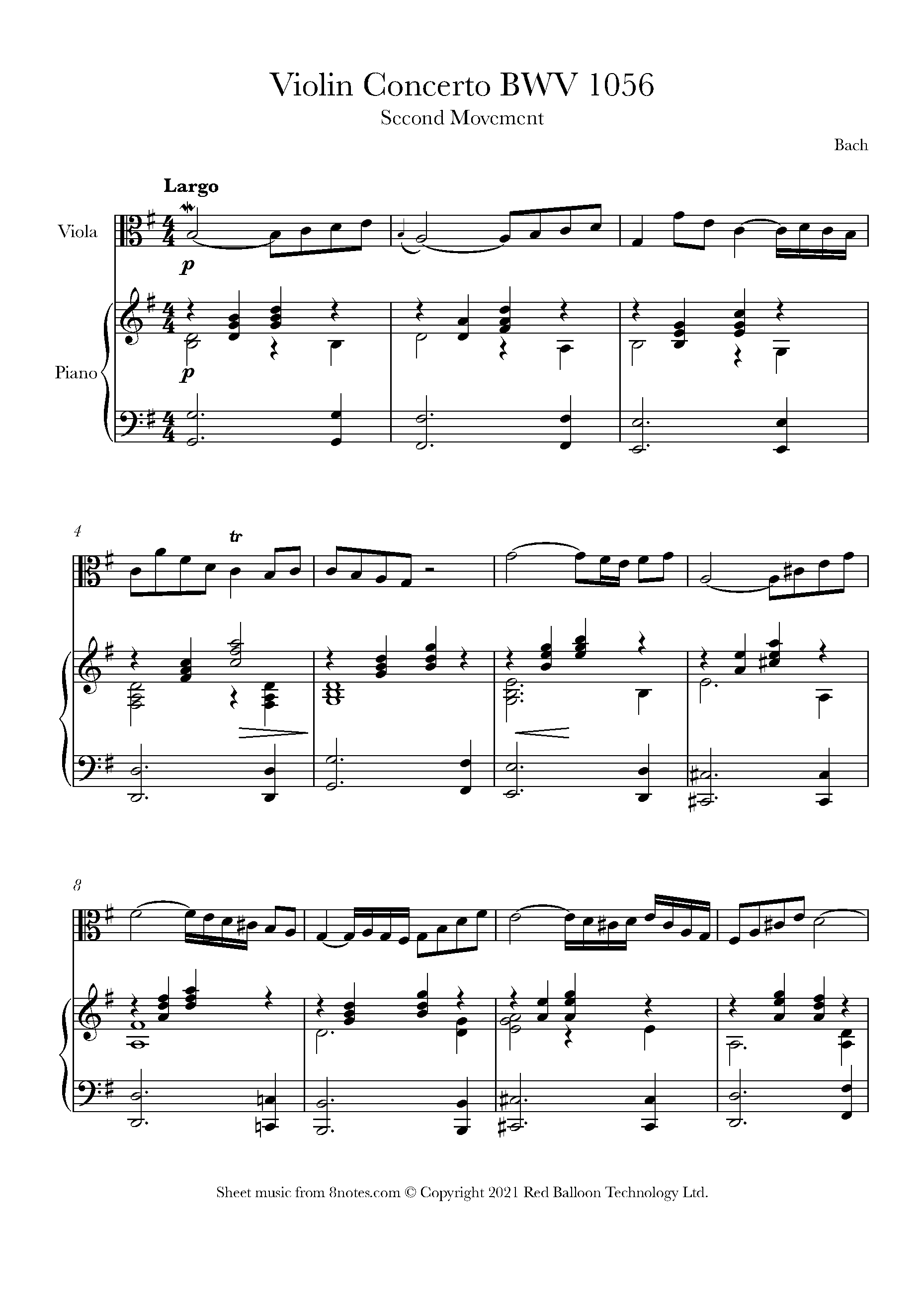 Bach - Violin Concerto 2nd mvt Sheet music for Viola - 8notes.com