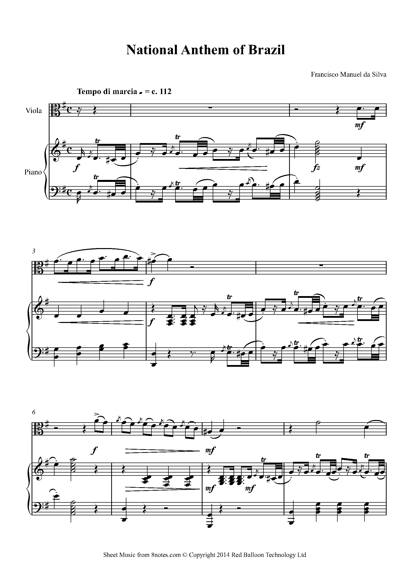 National Anthem of Brazil Sheet music for Viola - 8notes.com