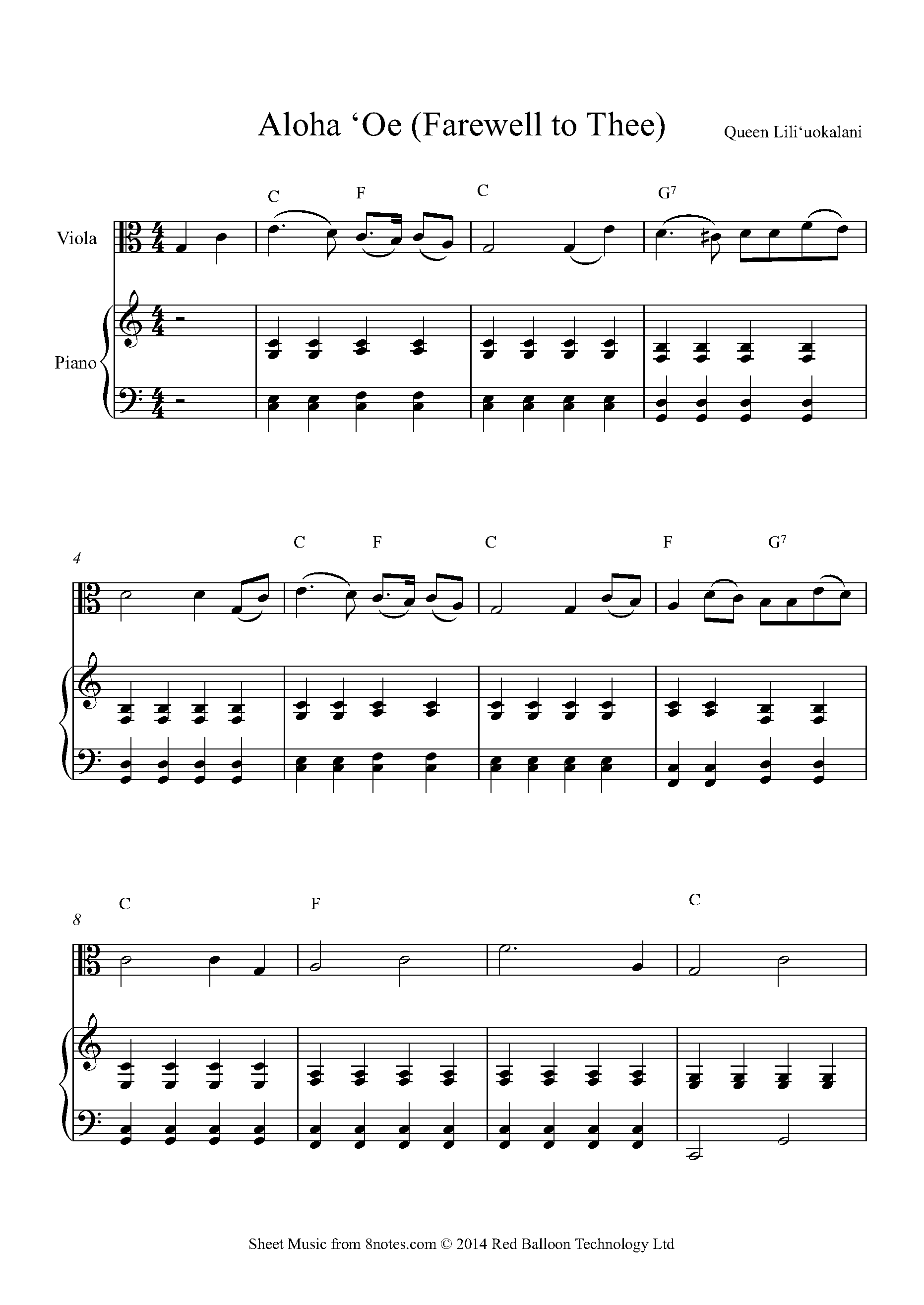 Aloha Oe (Farewell to Thee) (Hawaiian traditional) Sheet music for ...