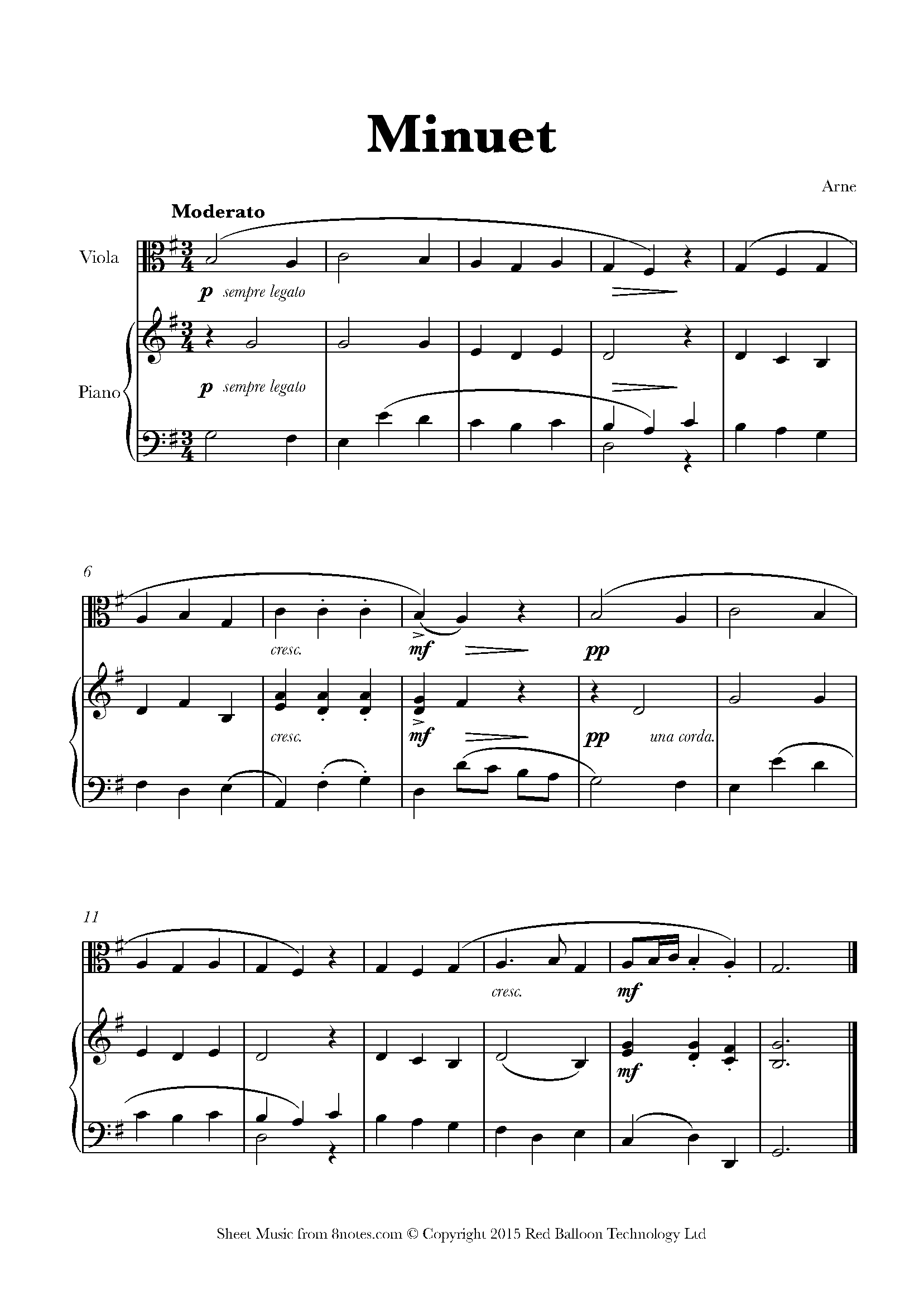 Arne - Minuet Sheet music for Viola - 8notes.com