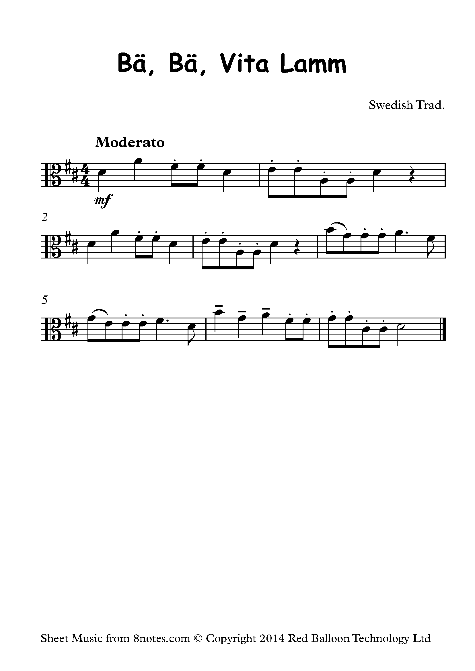 Ba, Ba, Vita Lamm (Swedish Trad.) Sheet music for Viola - 8notes.com