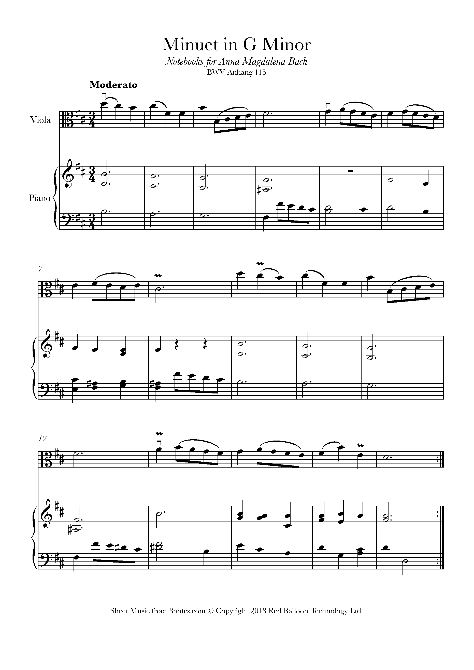 Bach - Minuet in G Minor from Notebook for Anna Magdalena Bach BWV Anh. 115 Sheet music for ...
