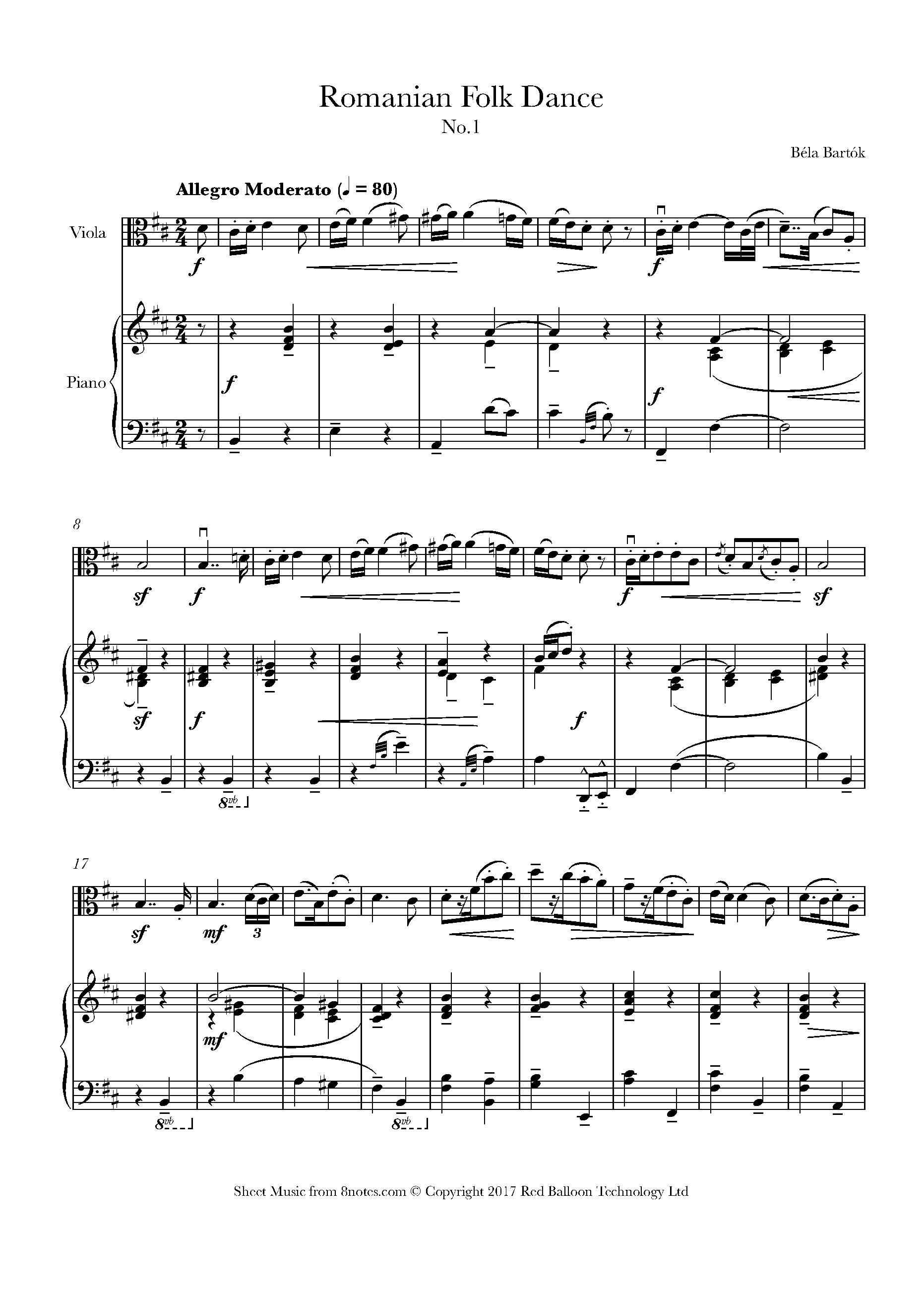 Bartók - Romanian Folk Dance No.1 Sheet music for Viola - 8notes.com