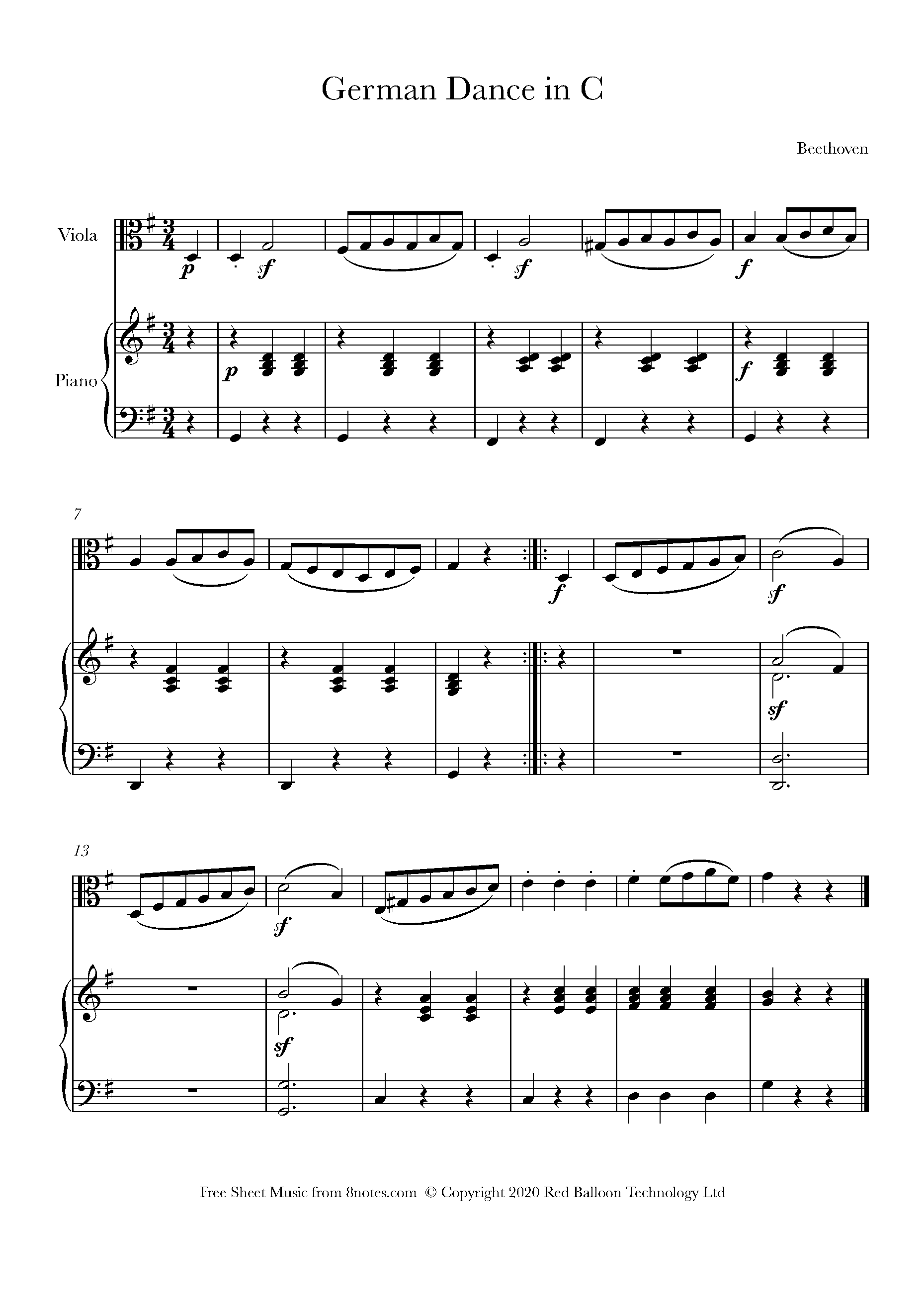 Beethoven - German Dance in C Sheet music for Viola - 8notes.com