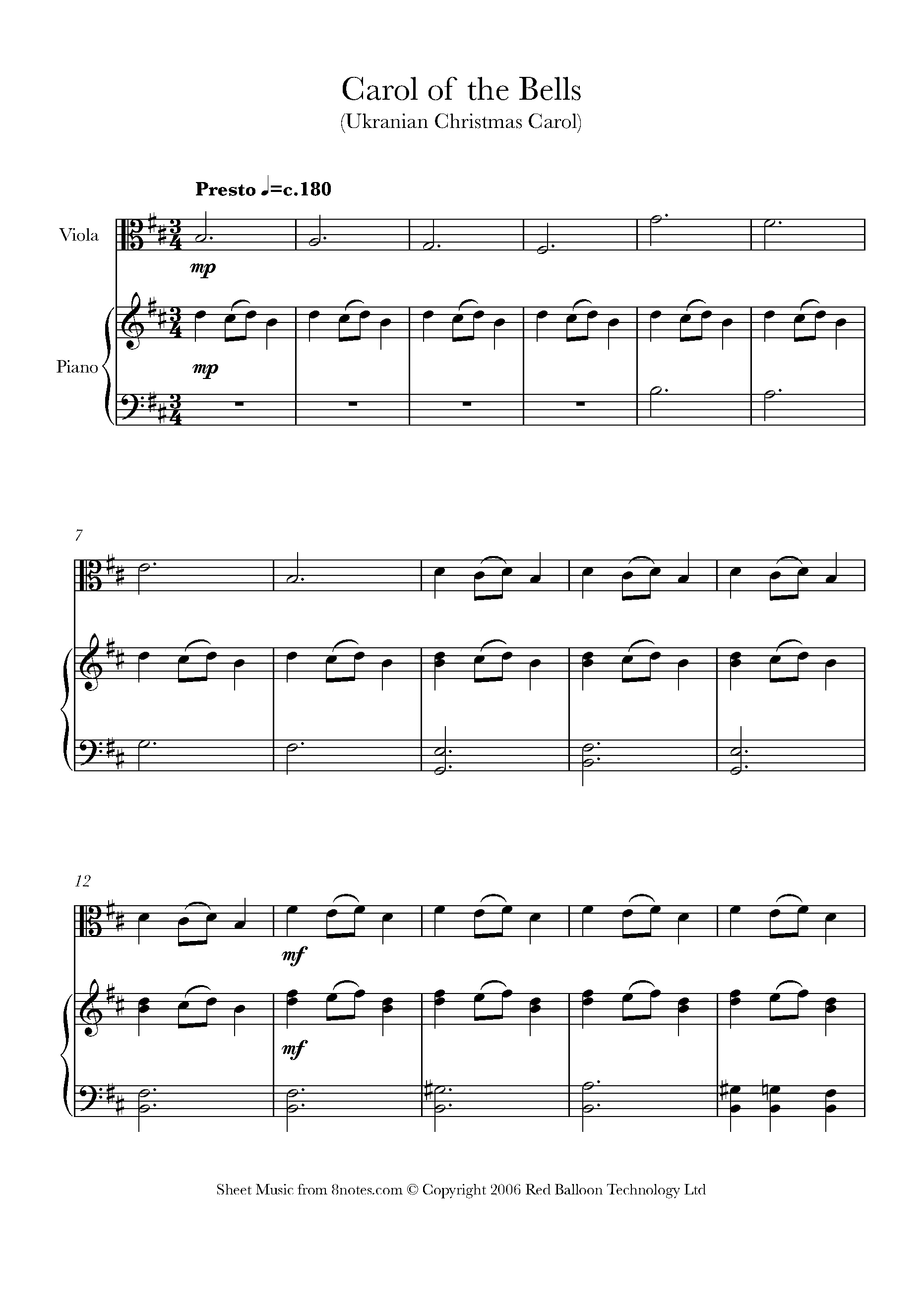 Carol of the Bells Sheet music for Viola - 8notes.com