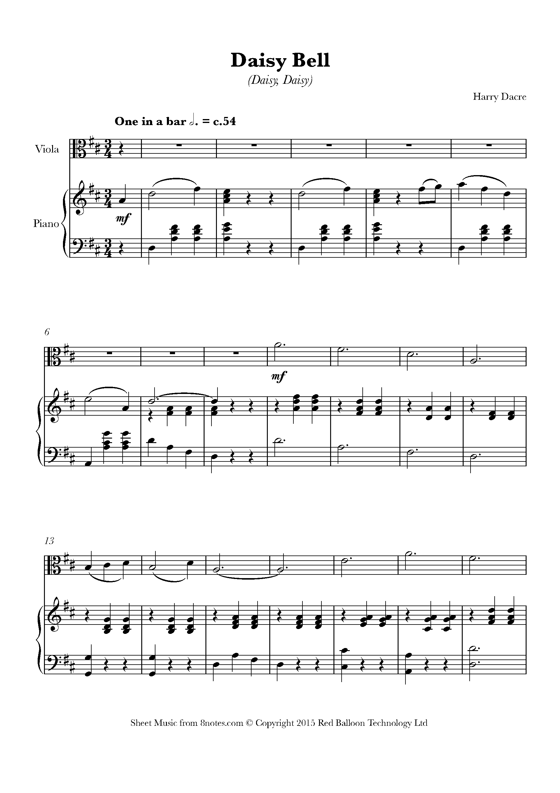 Harry Dacre - Daisy Bell (Daisy, Daisy) Sheet music for Viola - 8notes.com