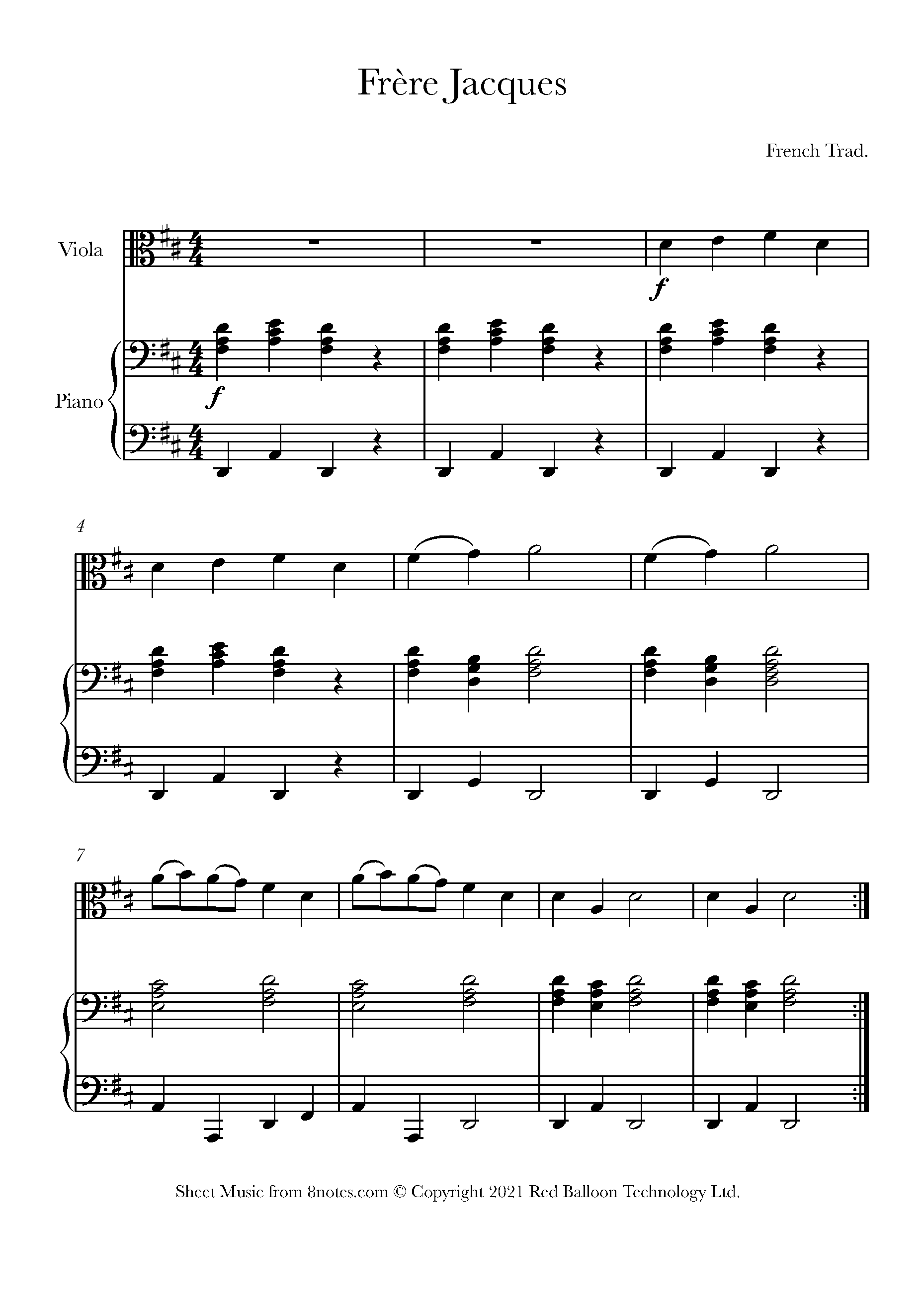 Frere Jacques Sheet music for Viola - 8notes.com