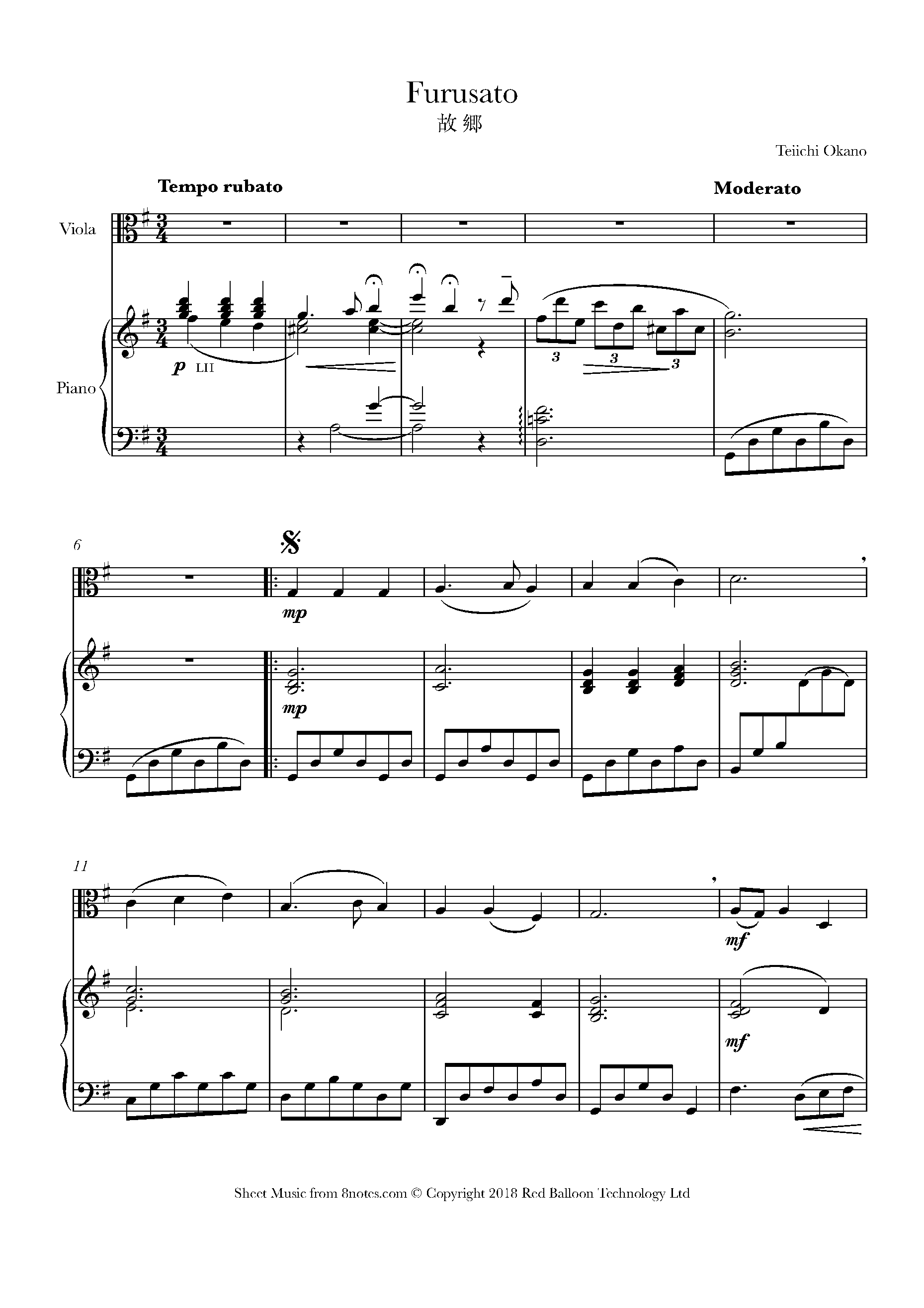 Teiichi Okano - Furusato Sheet music for Viola - 8notes.com