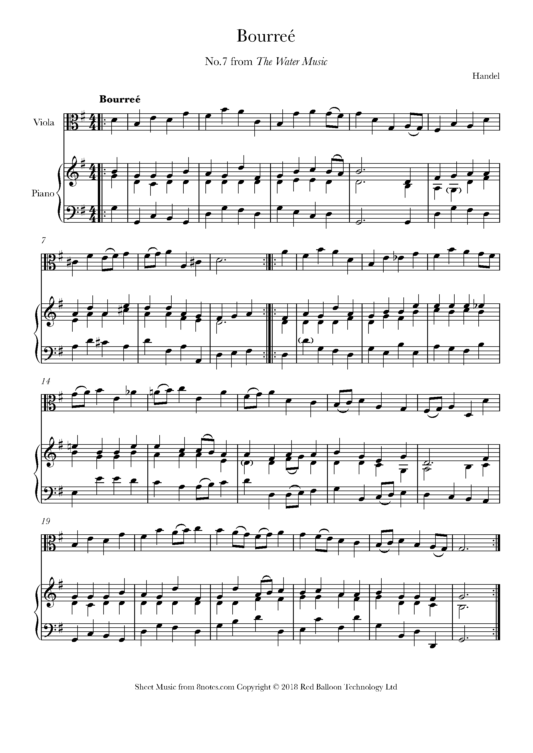 Handel - Bourree no.7 from Water Music Sheet music for Viola - 8notes.com