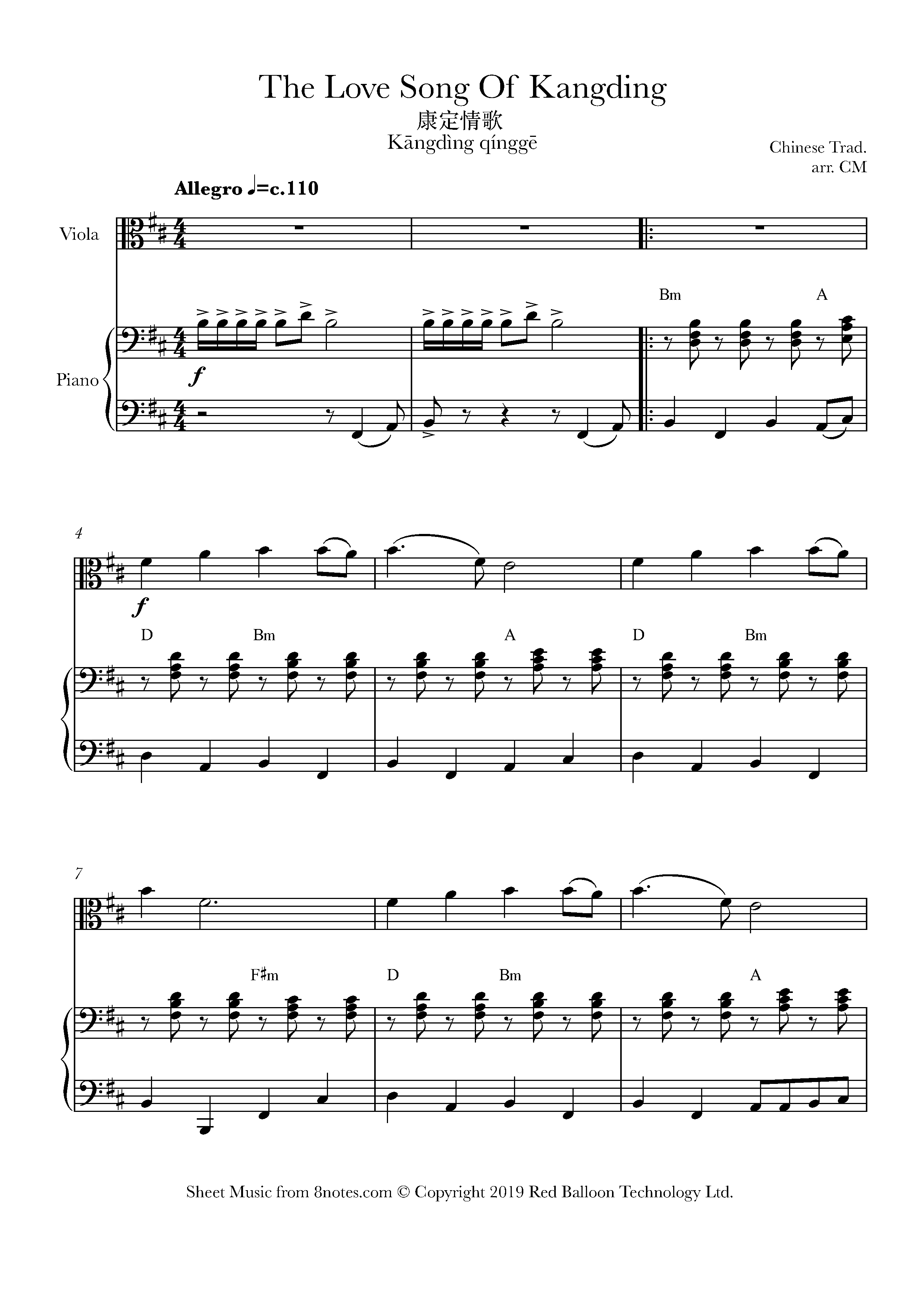 The Love Song Of Kangding Sheet music for Viola - 8notes.com