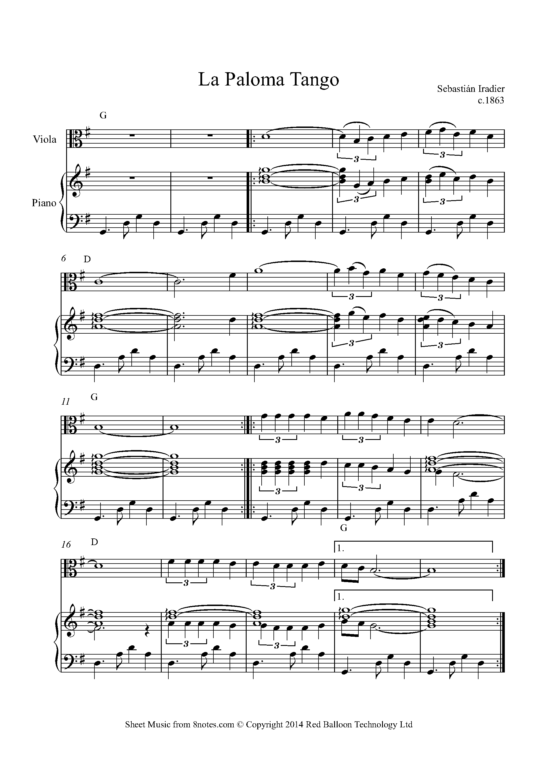 Sebastián Iradier - La Paloma (Tango) Sheet music for Viola - 8notes.com