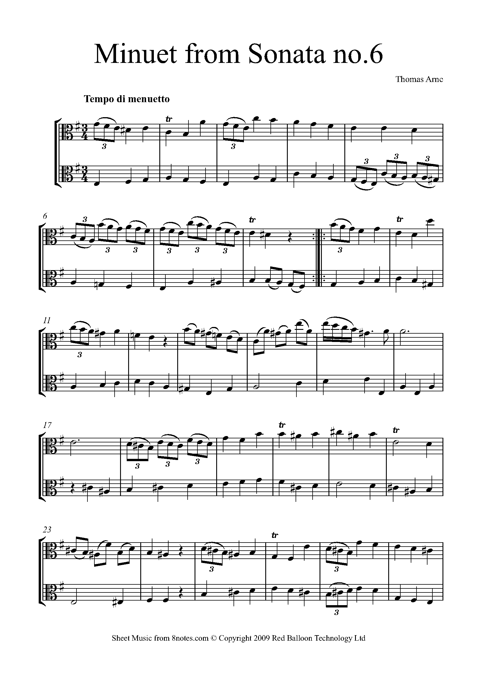 Arne - Minuet from Sonata no.6 Sheet music for Viola Duet - 8notes.com