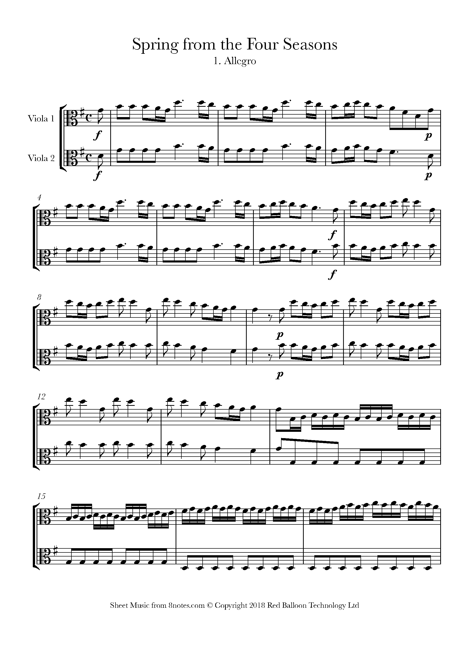 Vivaldi - Spring from The Four Seasons 1. Allegro Sheet music for Viola ...