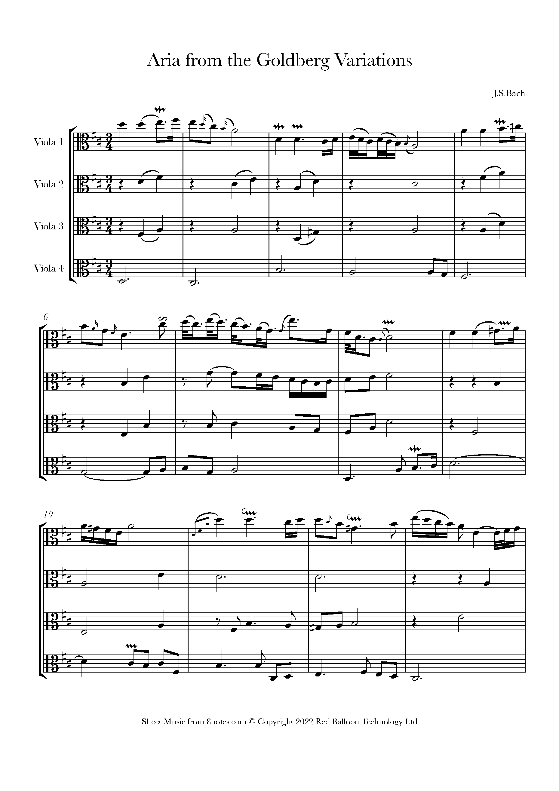 Bach - Aria from the Goldberg Variations Sheet music for Viola Quartet ...
