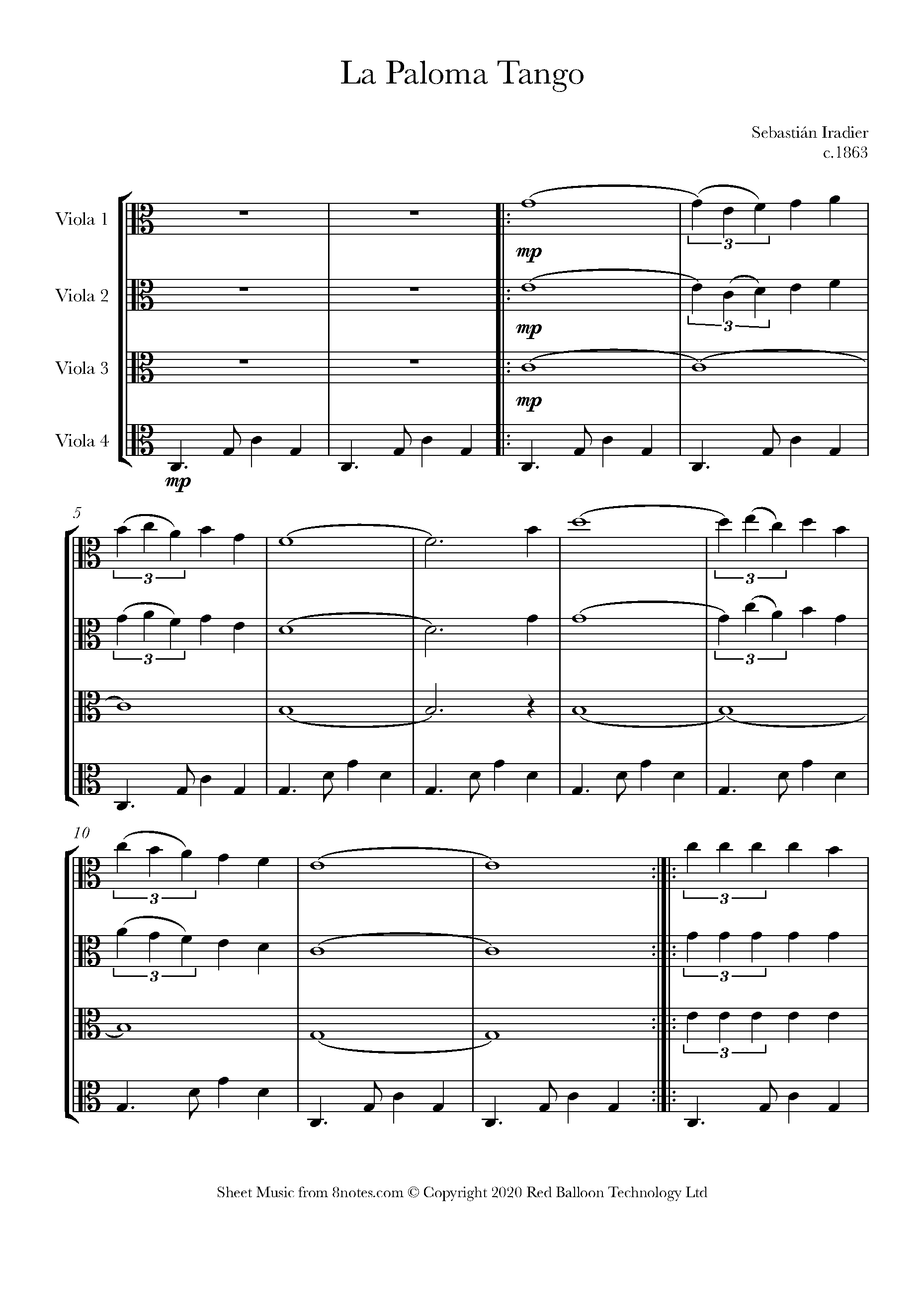 Sebastián Iradier - La Paloma (Tango) Sheet music for Viola Quartet ...