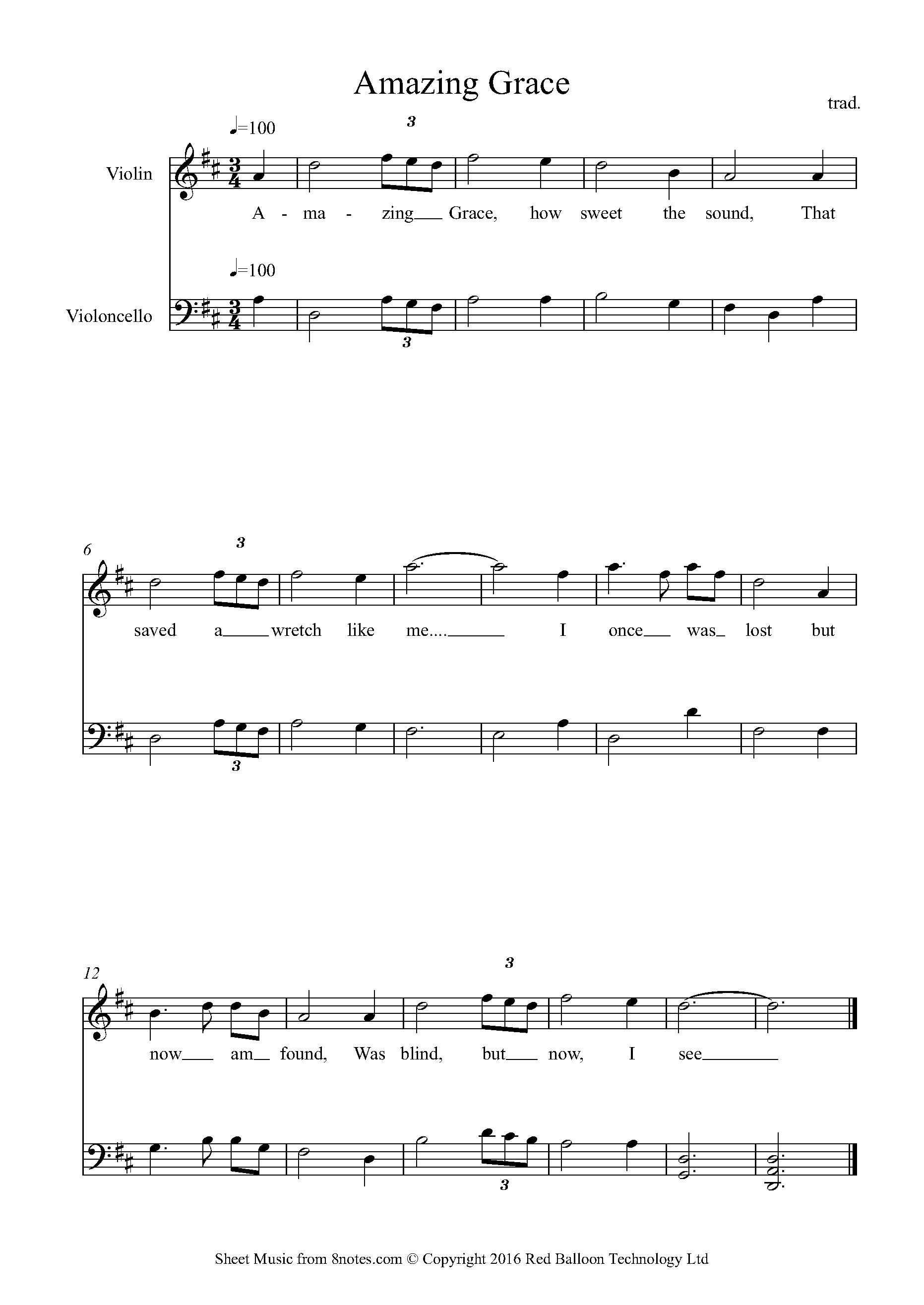 Amazing Grace Sheet music for Violin-Cello Duet - 8notes.com