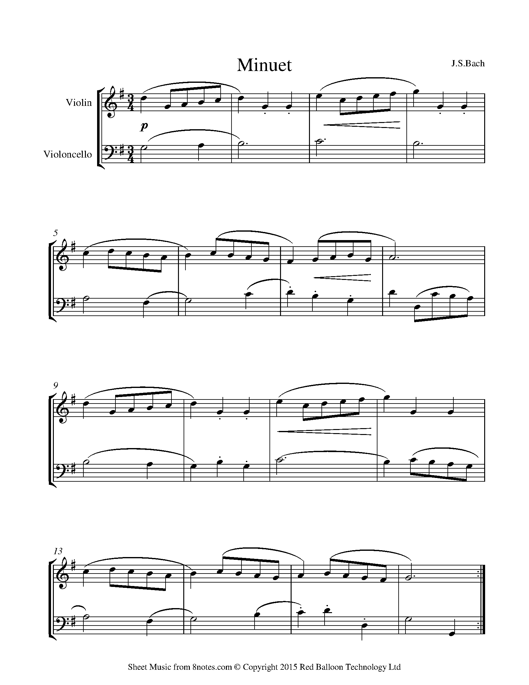 Bach - Minuet Sheet music for Violin-Cello Duet - 8notes.com