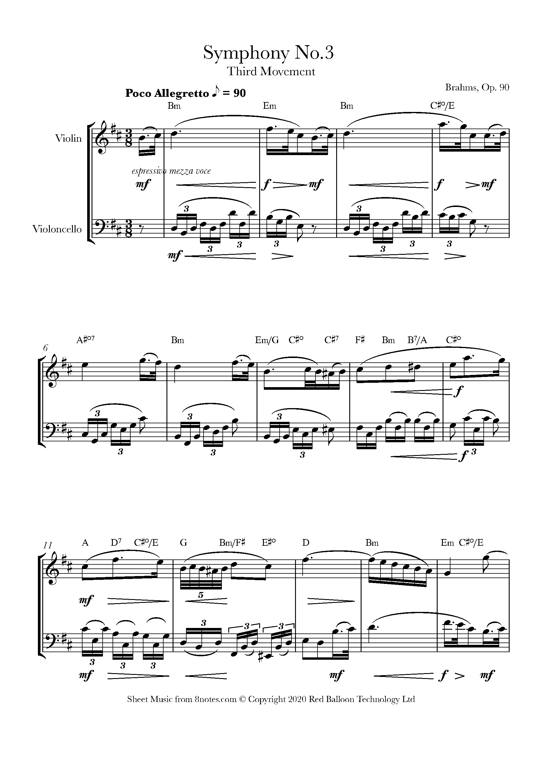 Brahms - Symphony No.3 Third Movement Poco Allegretto (Extract) Sheet ...