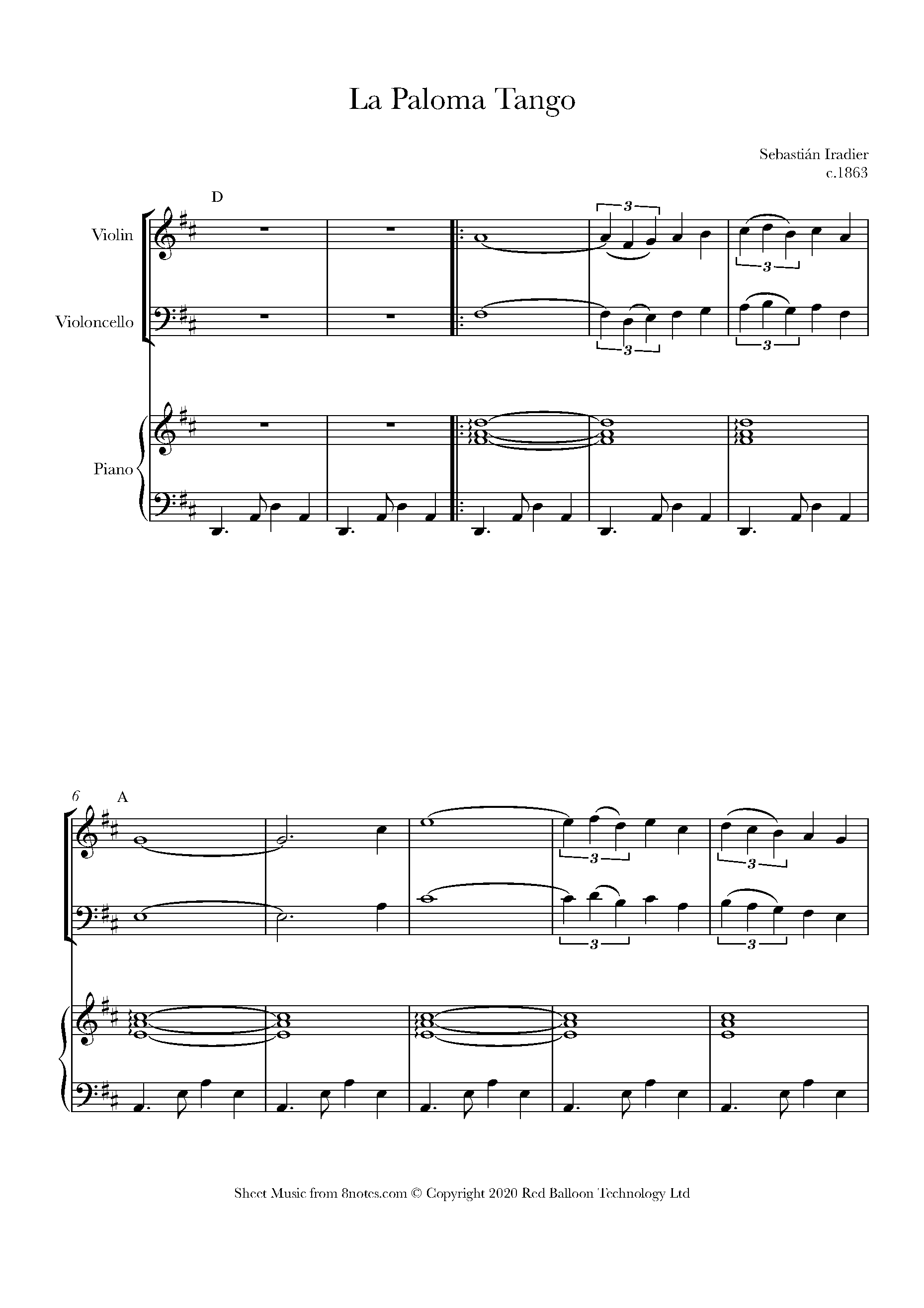 Sebastián Iradier - La Paloma (Tango) Sheet music for Violin-Cello ...
