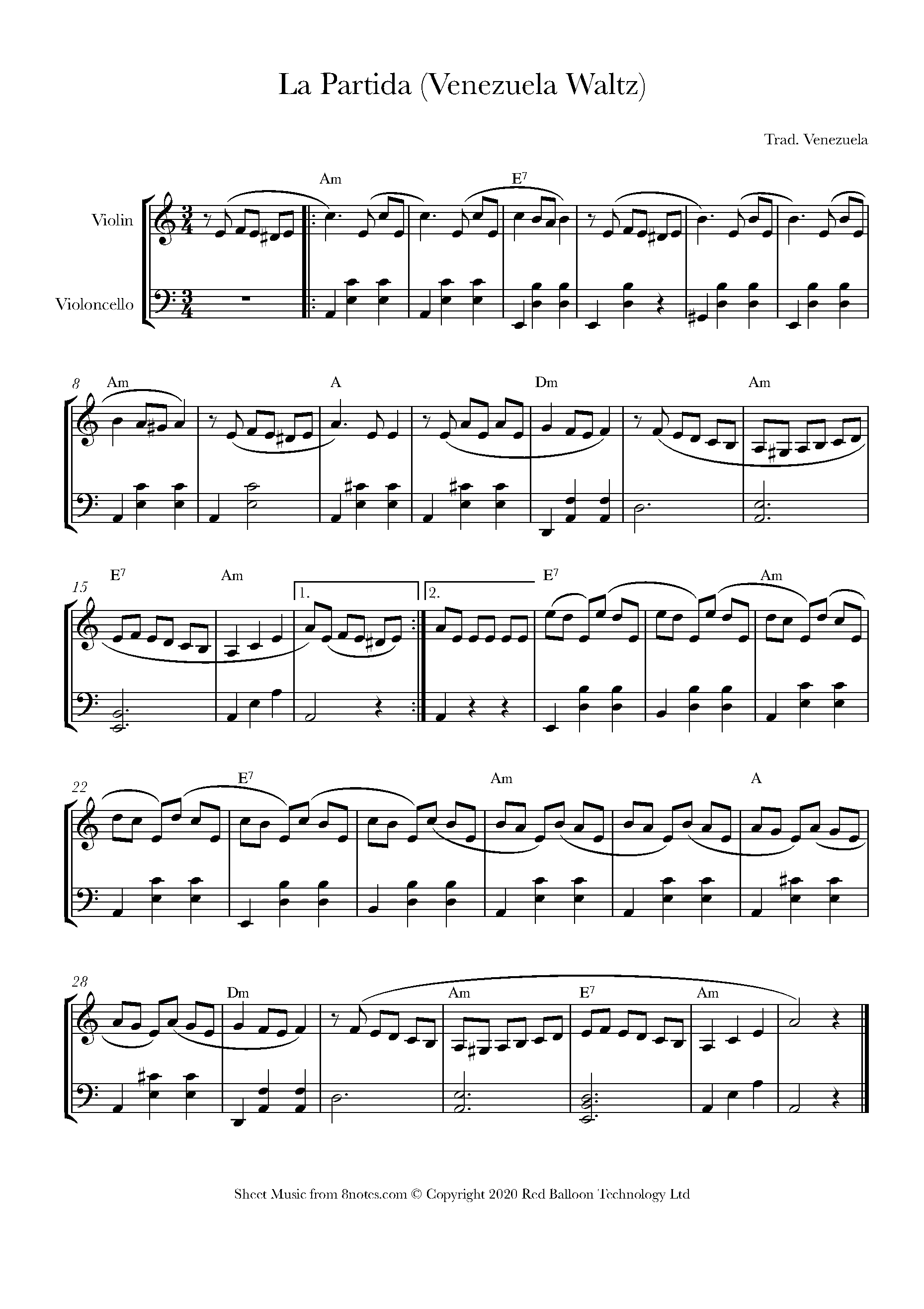 La Partida (Venezuela Waltz) Sheet music for Violin-Cello Duet - 8notes.com