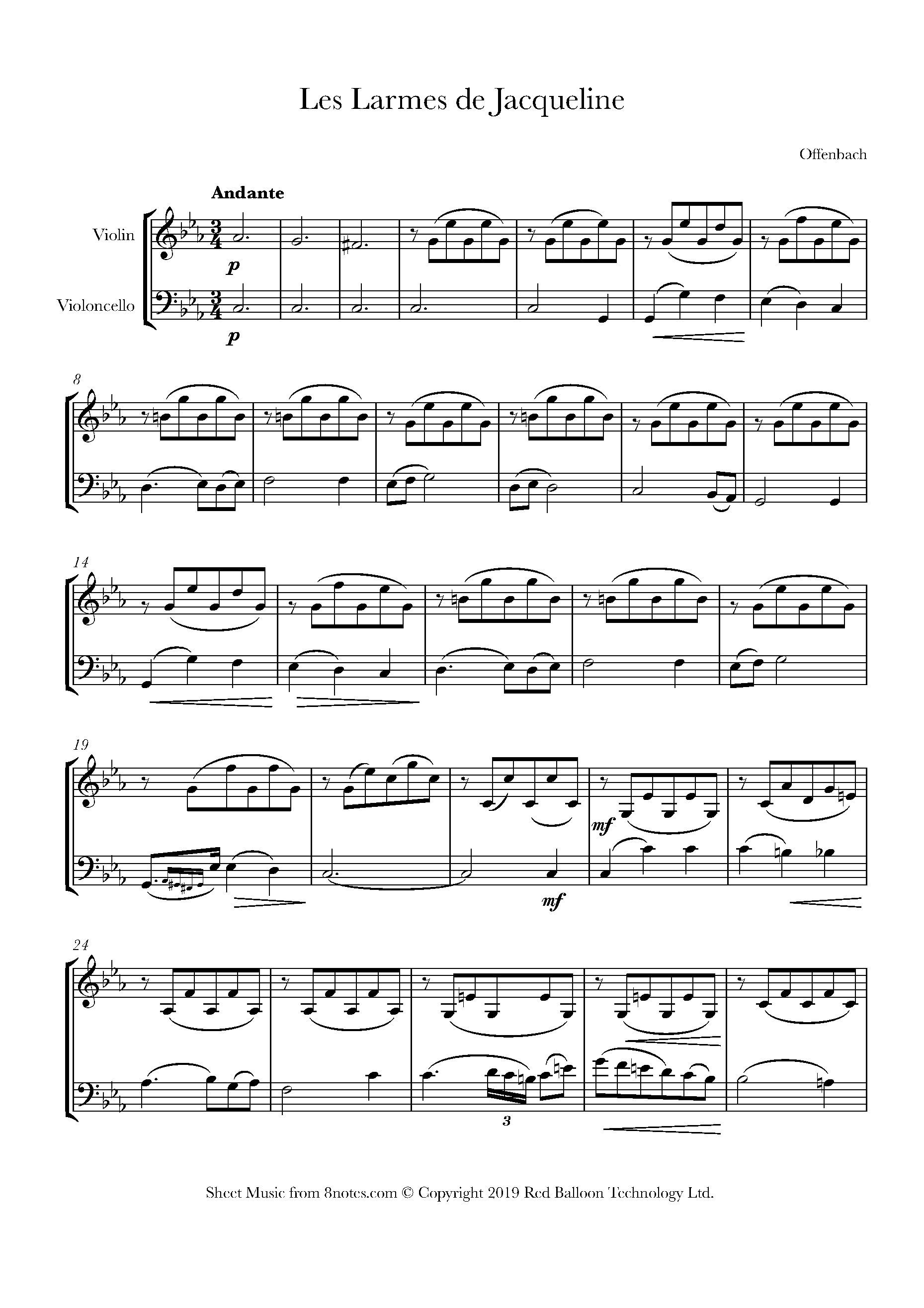 Offenbach - Les Larmes de Jacqueline Sheet music for Violin-Cello Duet ...