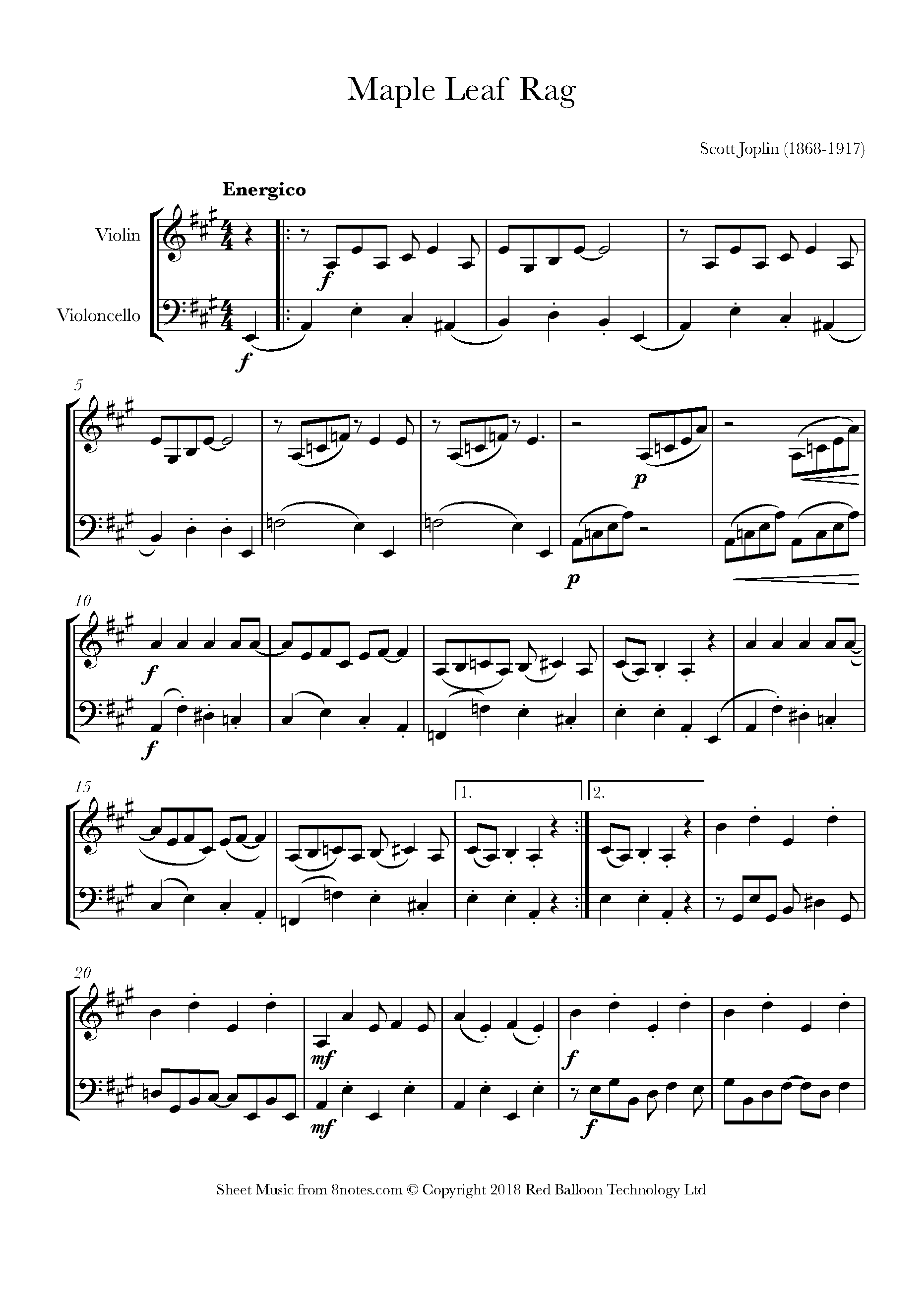 Scott Joplin - Maple Leaf Rag Sheet music for Violin-Cello Duet ...