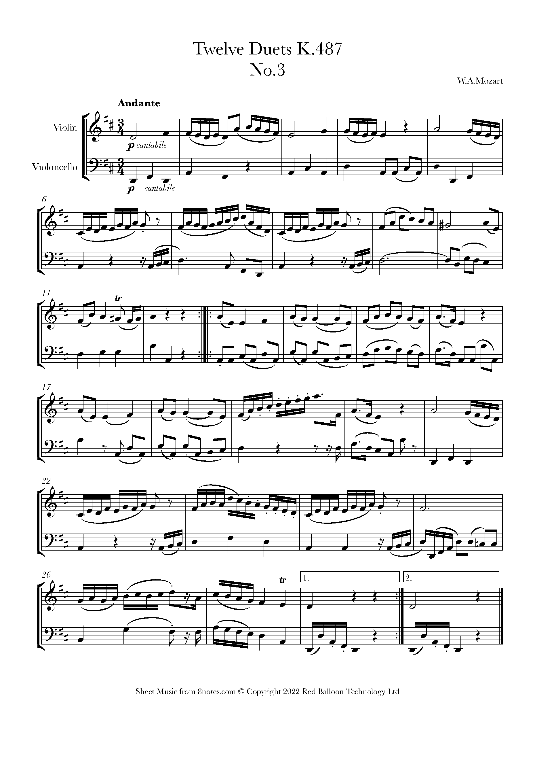 Mozart - Twelve Duets k.487 no.3 Sheet music for Violin-Cello Duet ...