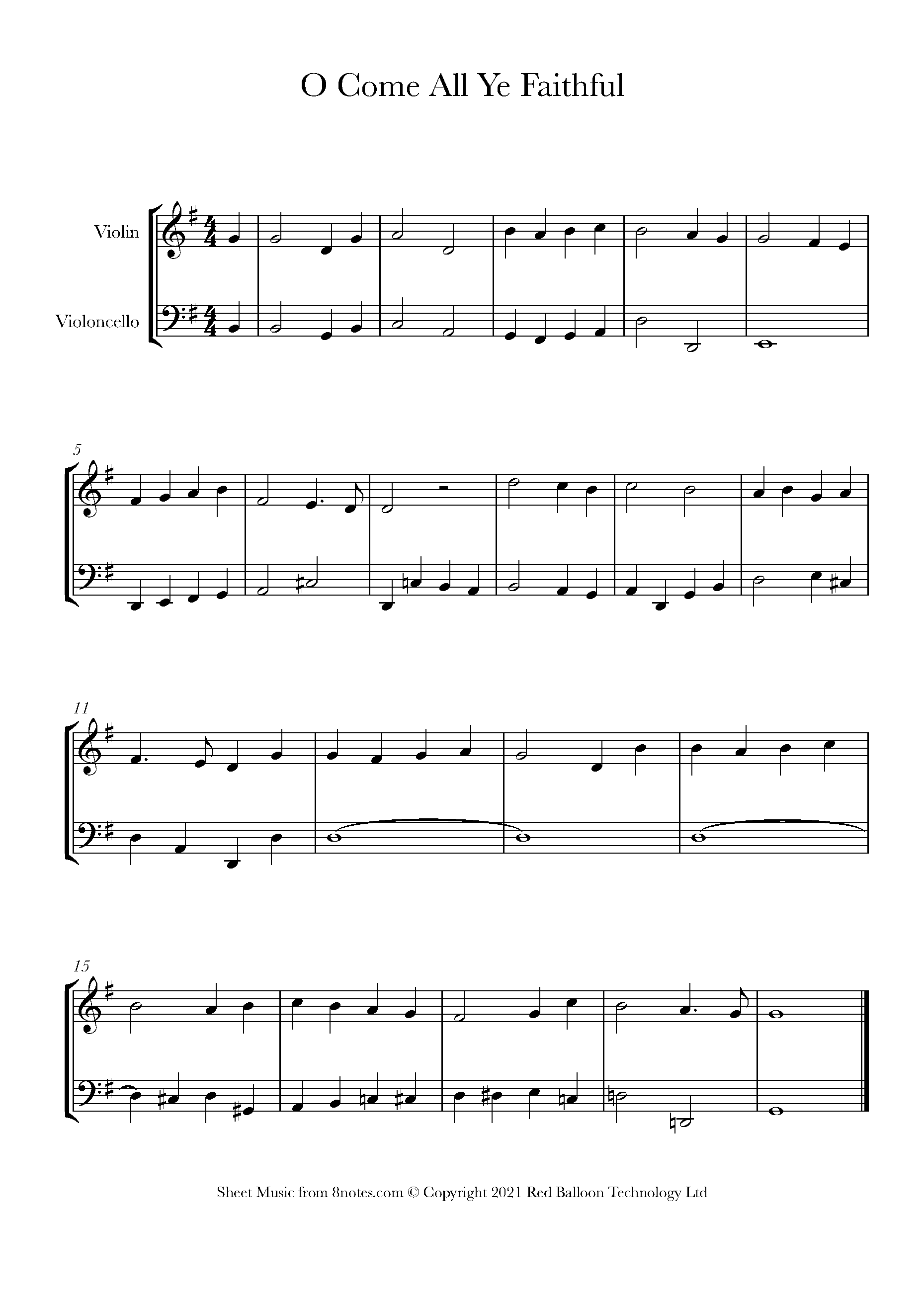 O Come All Ye Faithful Sheet music for Violin-Cello Duet - 8notes.com