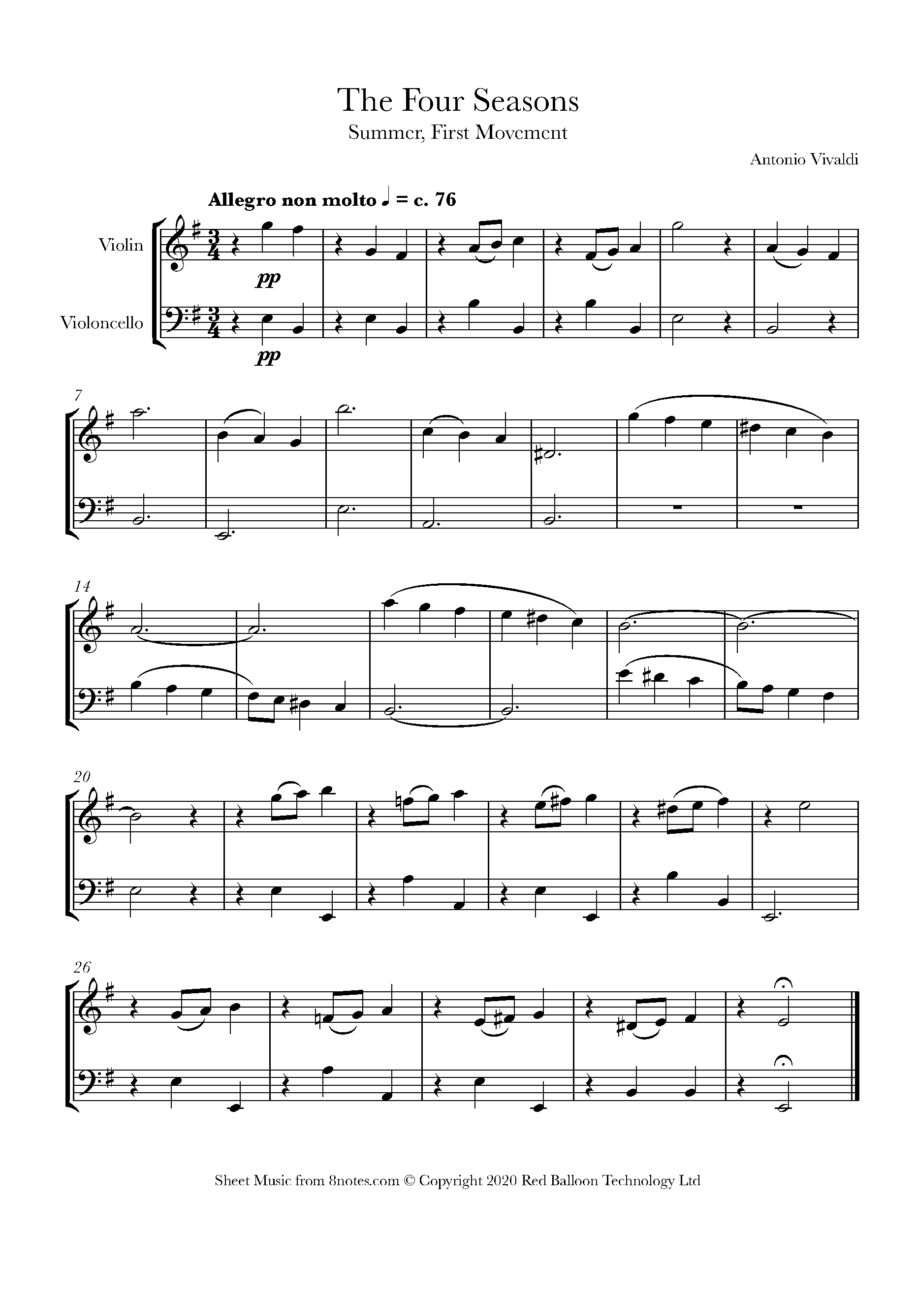 Vivaldi - The Four Seasons Summer, First Movement Theme Sheet music for ...