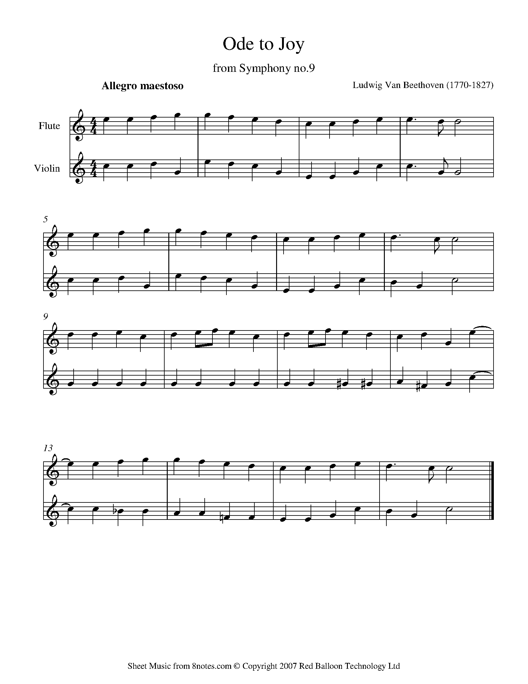 Beethoven Ode To Joy Theme From 9th Symphony Sheet Music For Violin