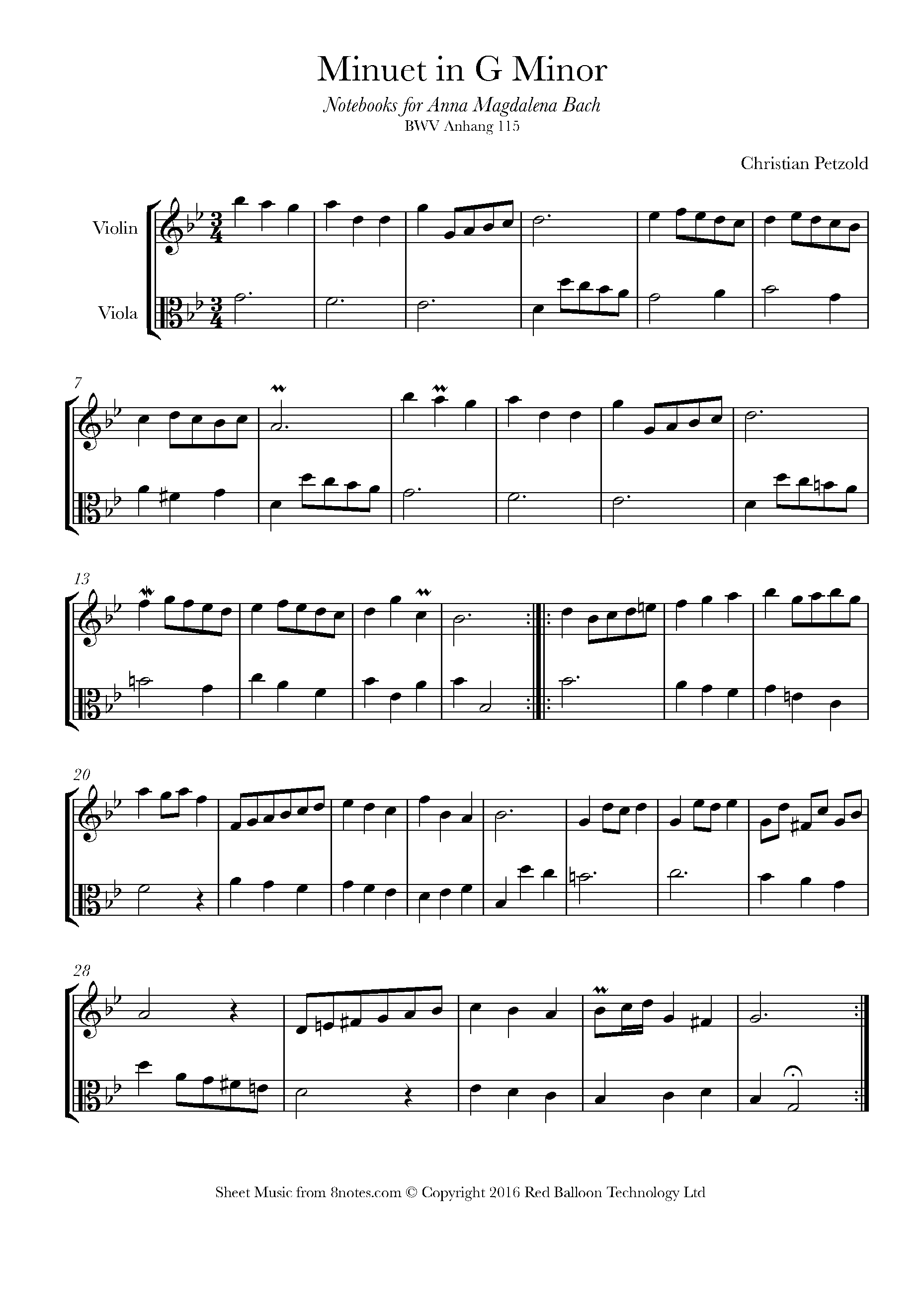 Bach - Minuet in G Minor from Notebook for Anna Magdalena Bach BWV Anh ...