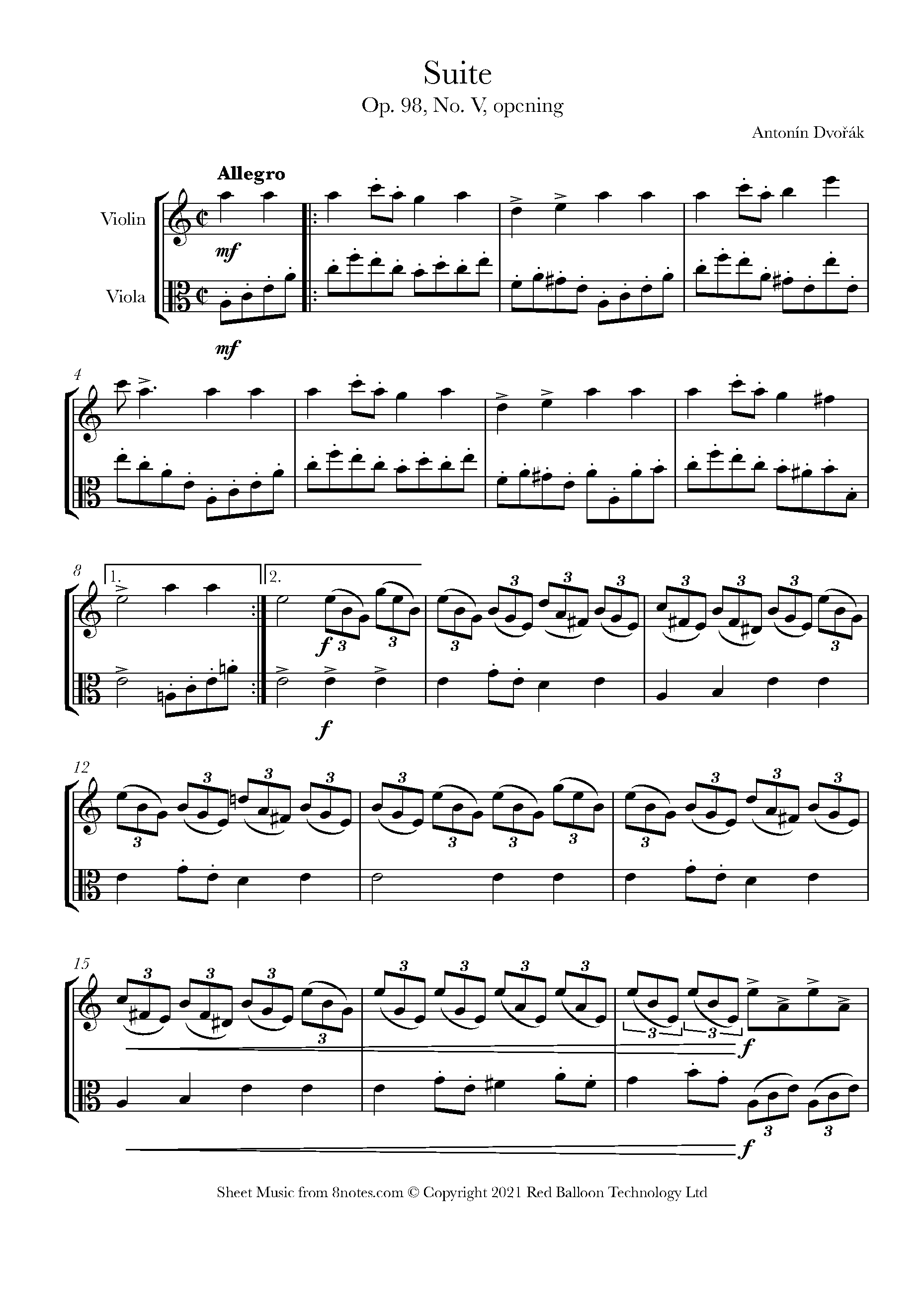 Dvořák - Suite Op. 98, No. V, opening Sheet music for Violin-Viola ...