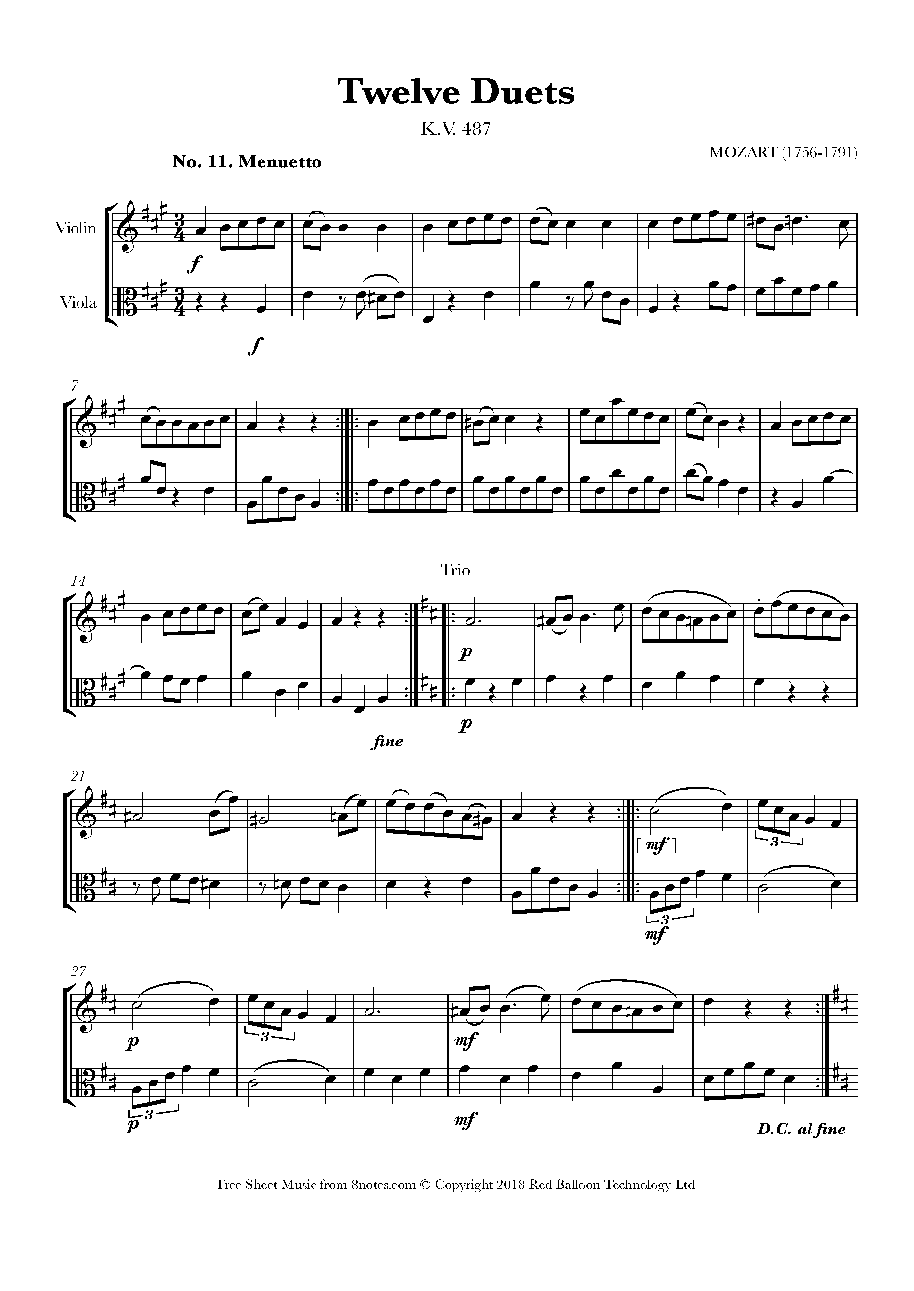 Mozart - Twelve Duets k.487 no.11 Sheet music for Violin-Viola Duet ...