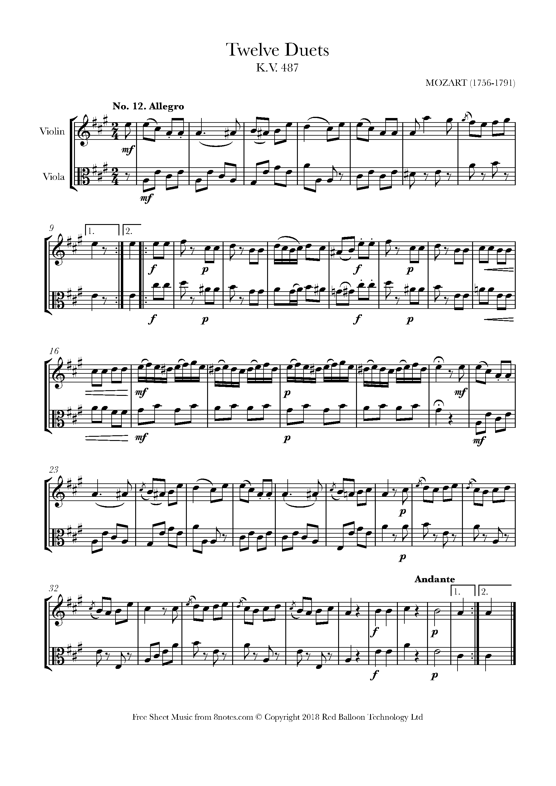 Mozart - Twelve Duets k.487 no.12 Sheet music for Violin-Viola Duet ...