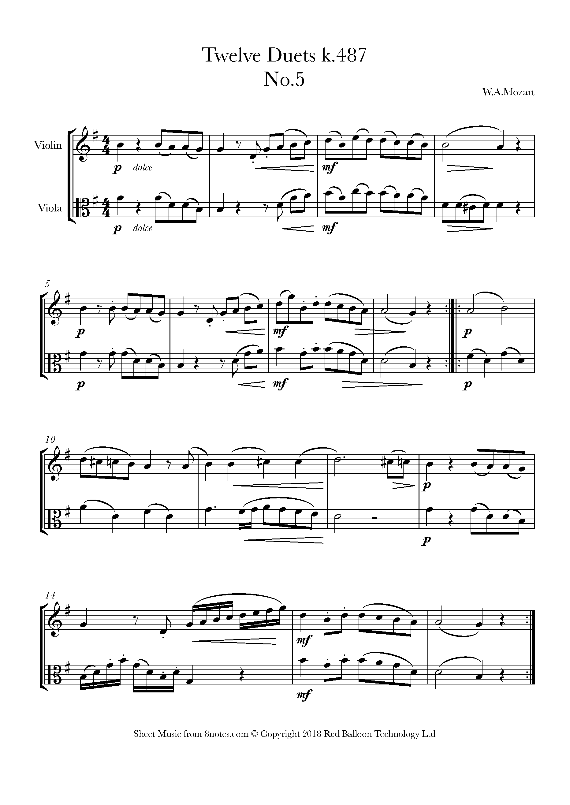 Mozart - Twelve Duets k.487 no.5 Sheet music for Violin-Viola Duet ...