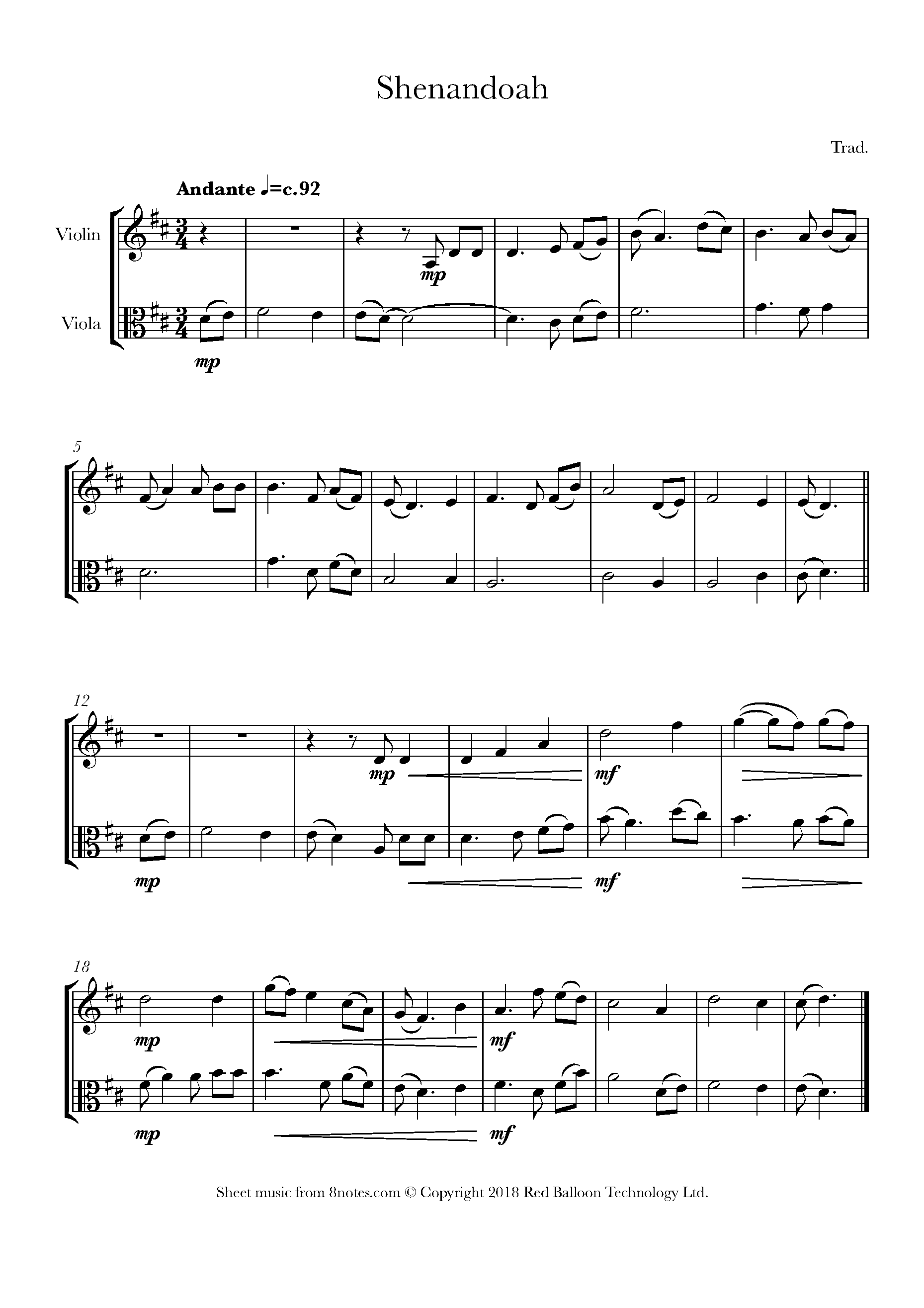 Shenandoah Sheet music for Violin-Viola Duet - 8notes.com