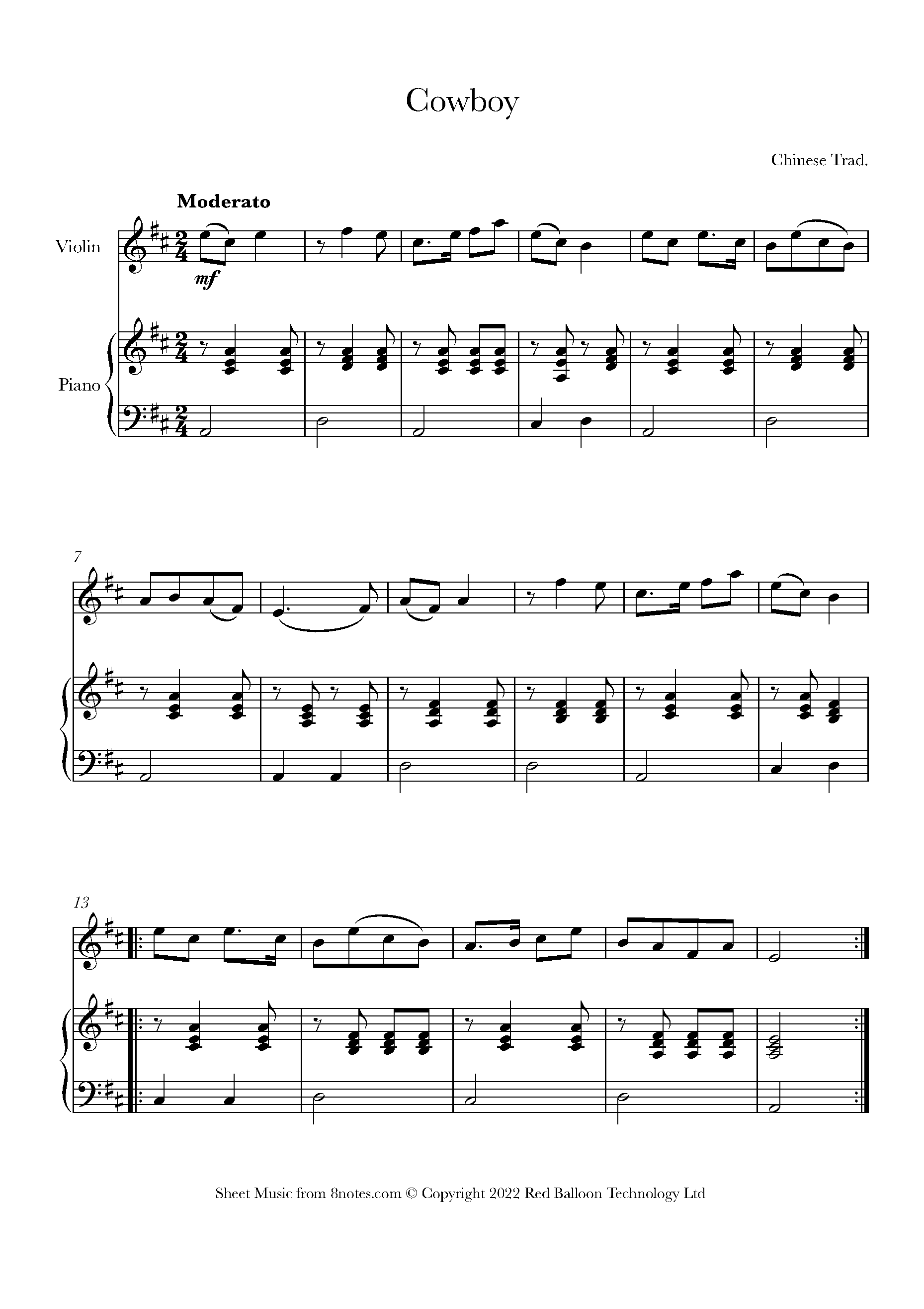 Cowboy (traditional Chinese) Sheet music for Violin - 8notes.com