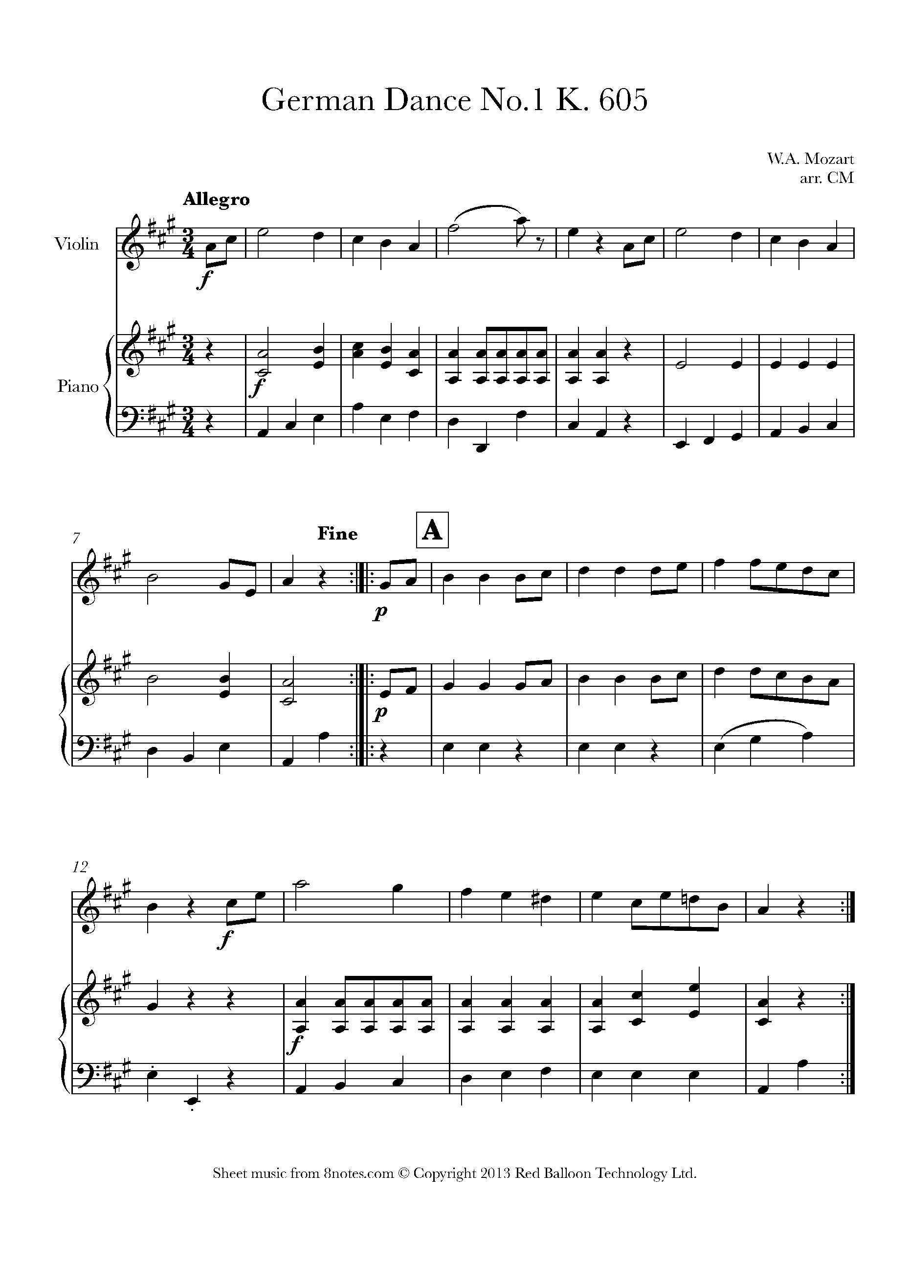 Mozart - German Dance No.1 K. 605 Sheet music for Violin - 8notes.com