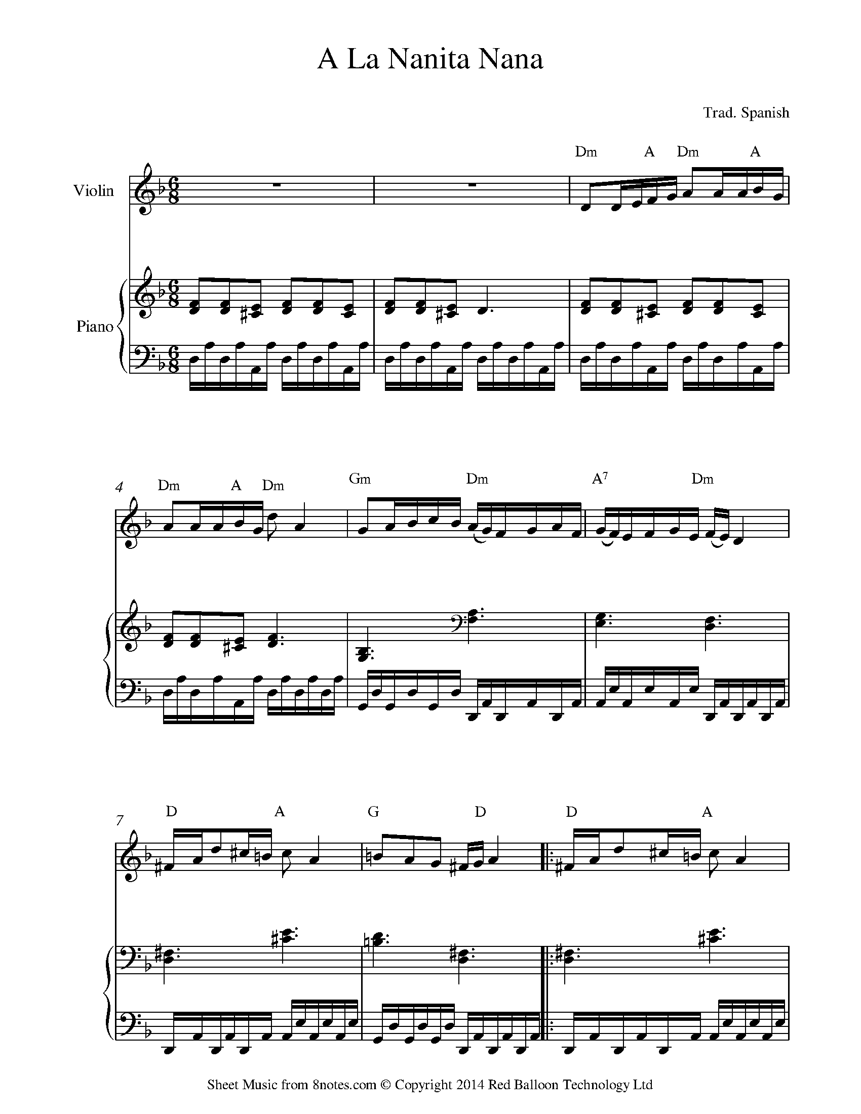 A La Nanita Nana (Spanish Traditional) Sheet music for Violin - 8notes.com