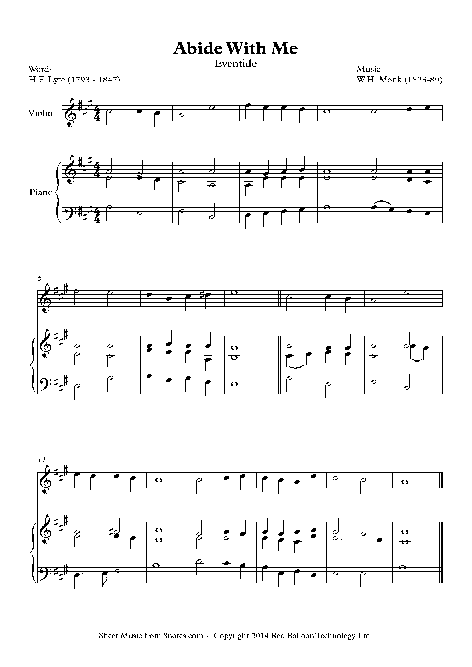 Monk - Abide With Me (Eventide) Sheet music for Violin - 8notes.com