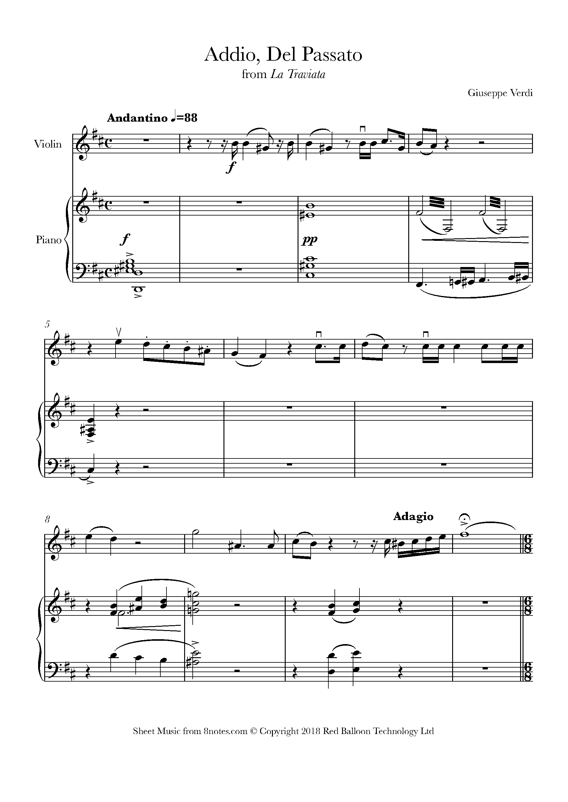 Verdi - Addio, Del Passato from La Traviata Sheet music for Violin ...