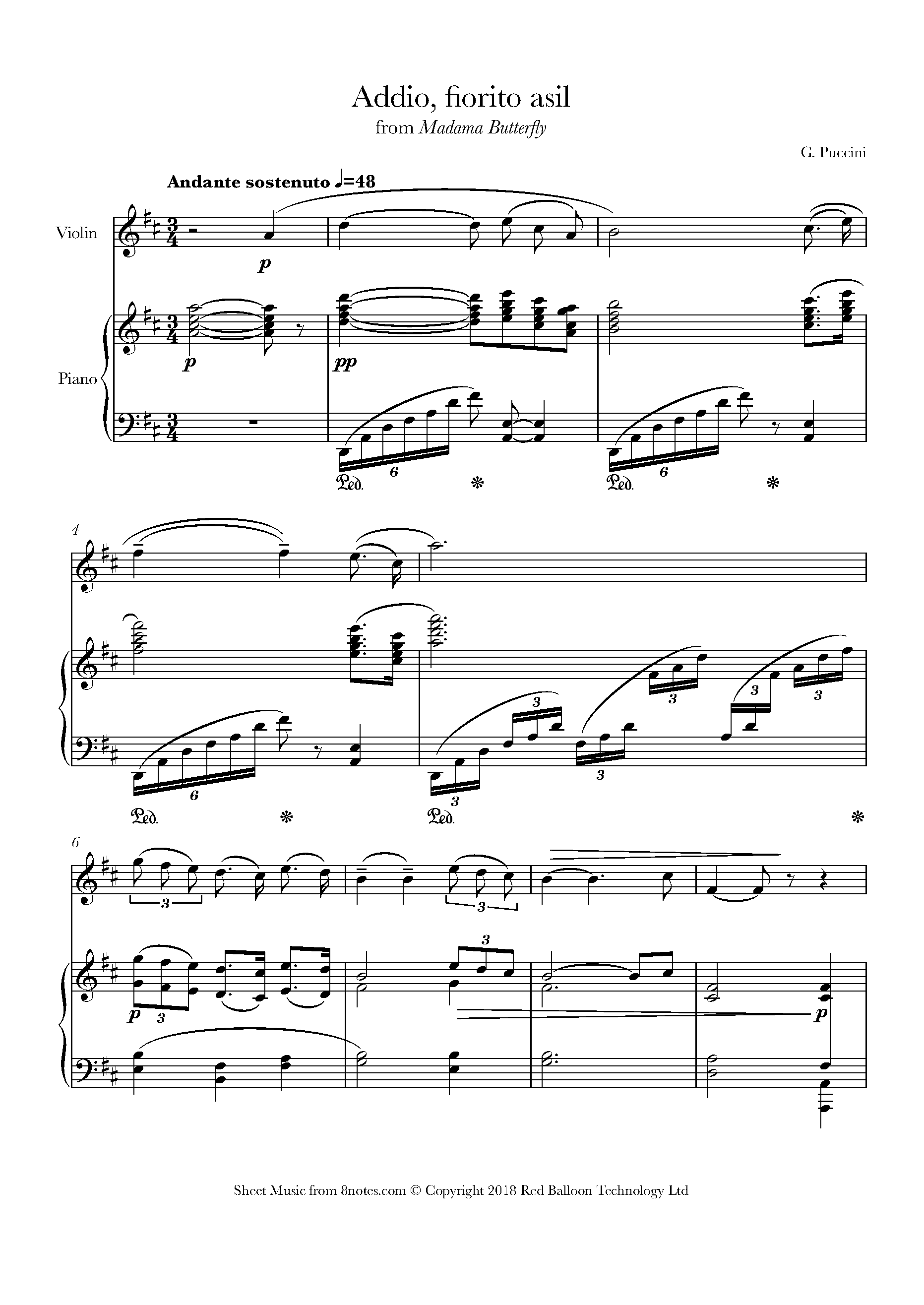 Puccini - Addio, fiorito asil from Madama Butterfly Sheet music for ...