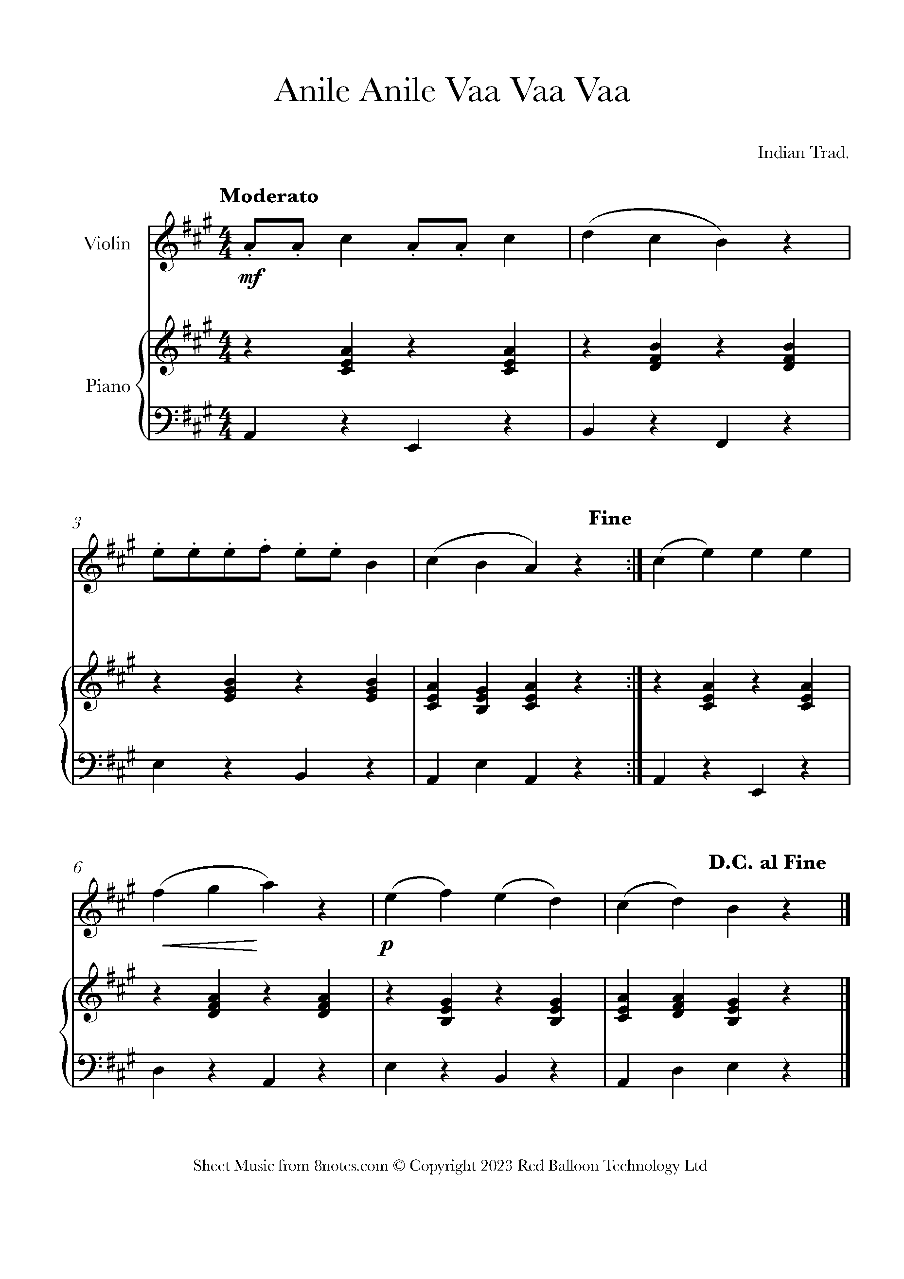 Anile Anile Vaa Vaa Vaa (traditional Indian) Sheet music for Violin ...