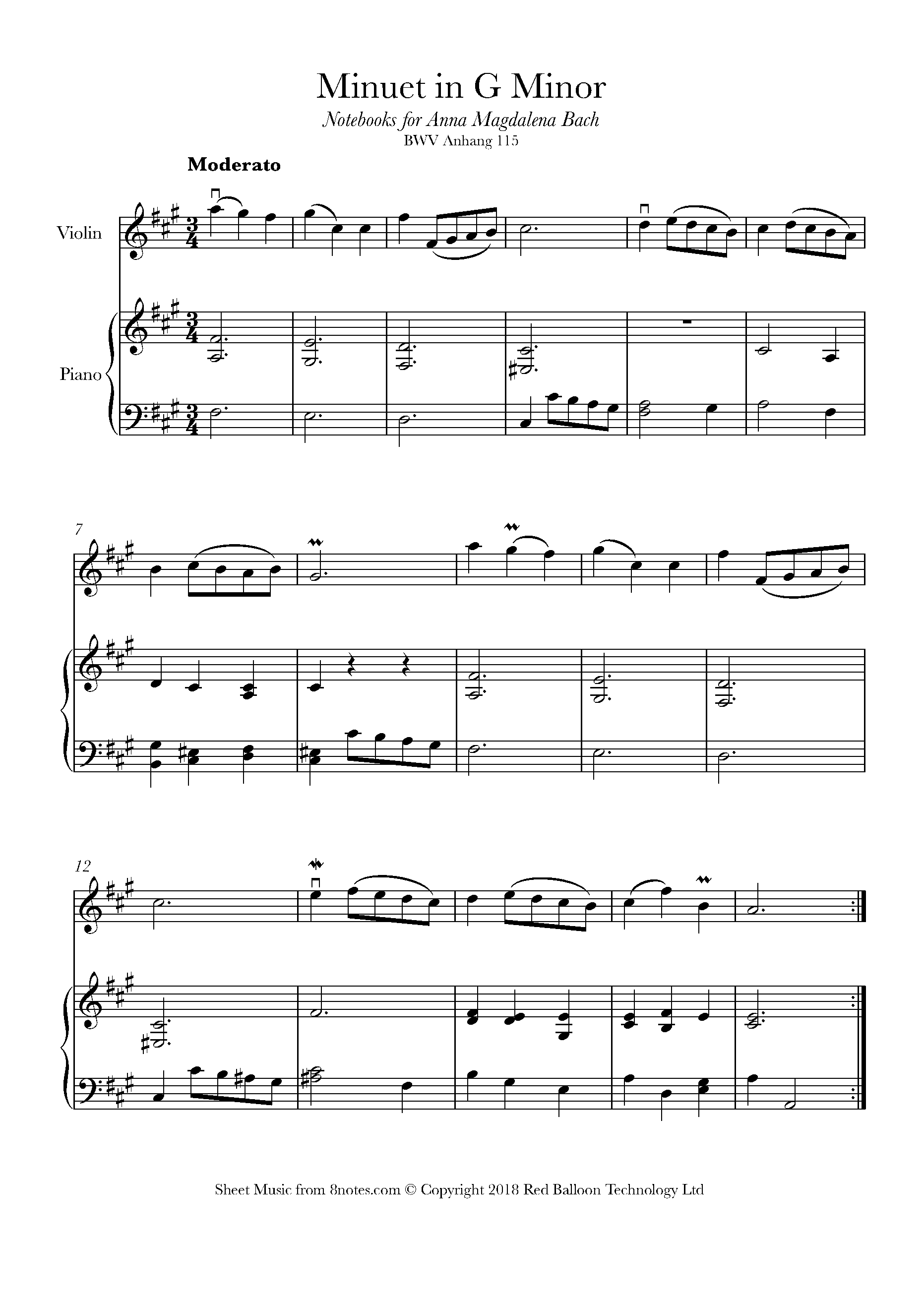 Bach - Minuet in G Minor from Notebook for Anna Magdalena Bach BWV Anh. 115 Sheet music for ...