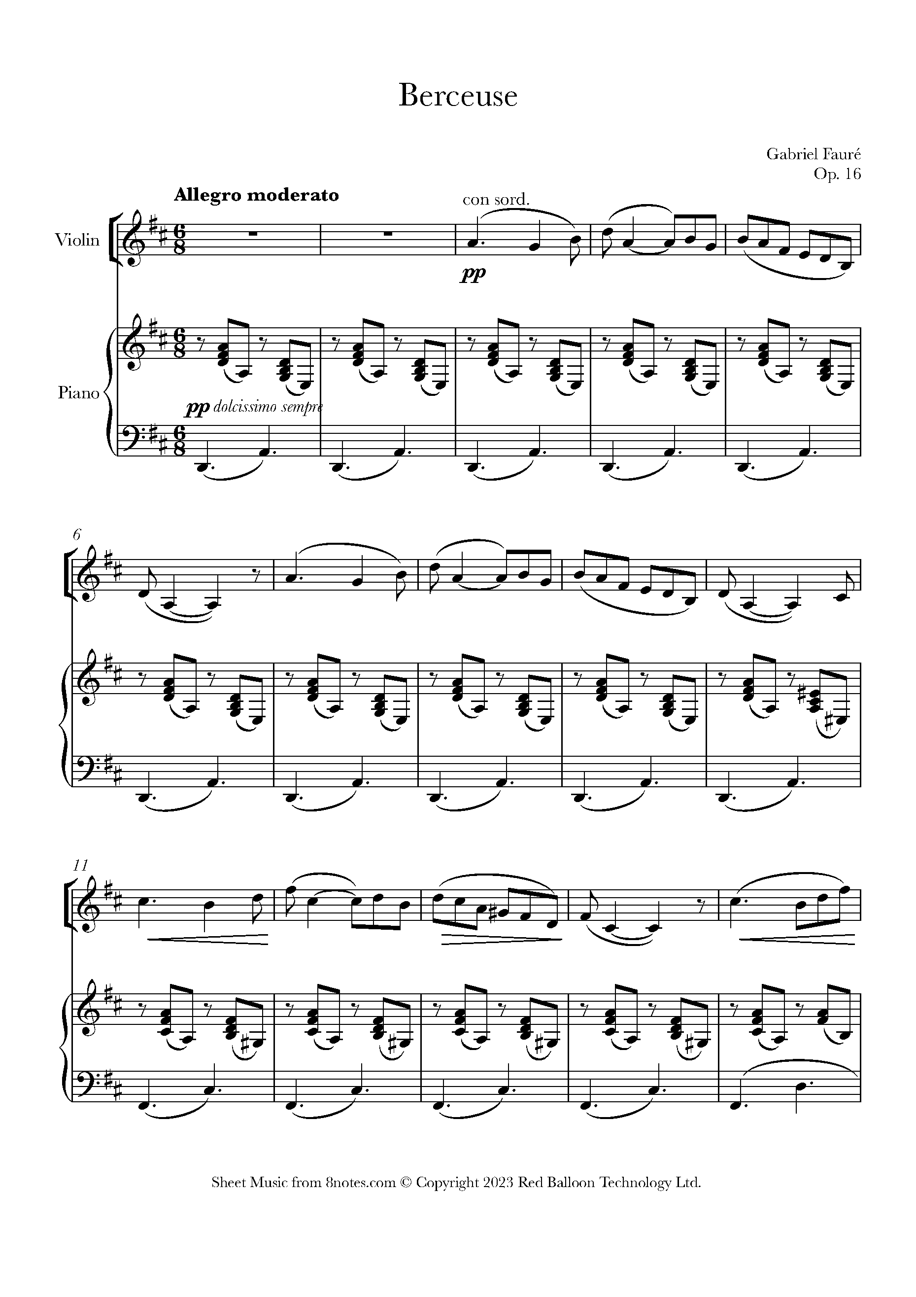 Fauré, Gabriel - Berceuse, Op.16 Sheet music for Violin - 8notes.com