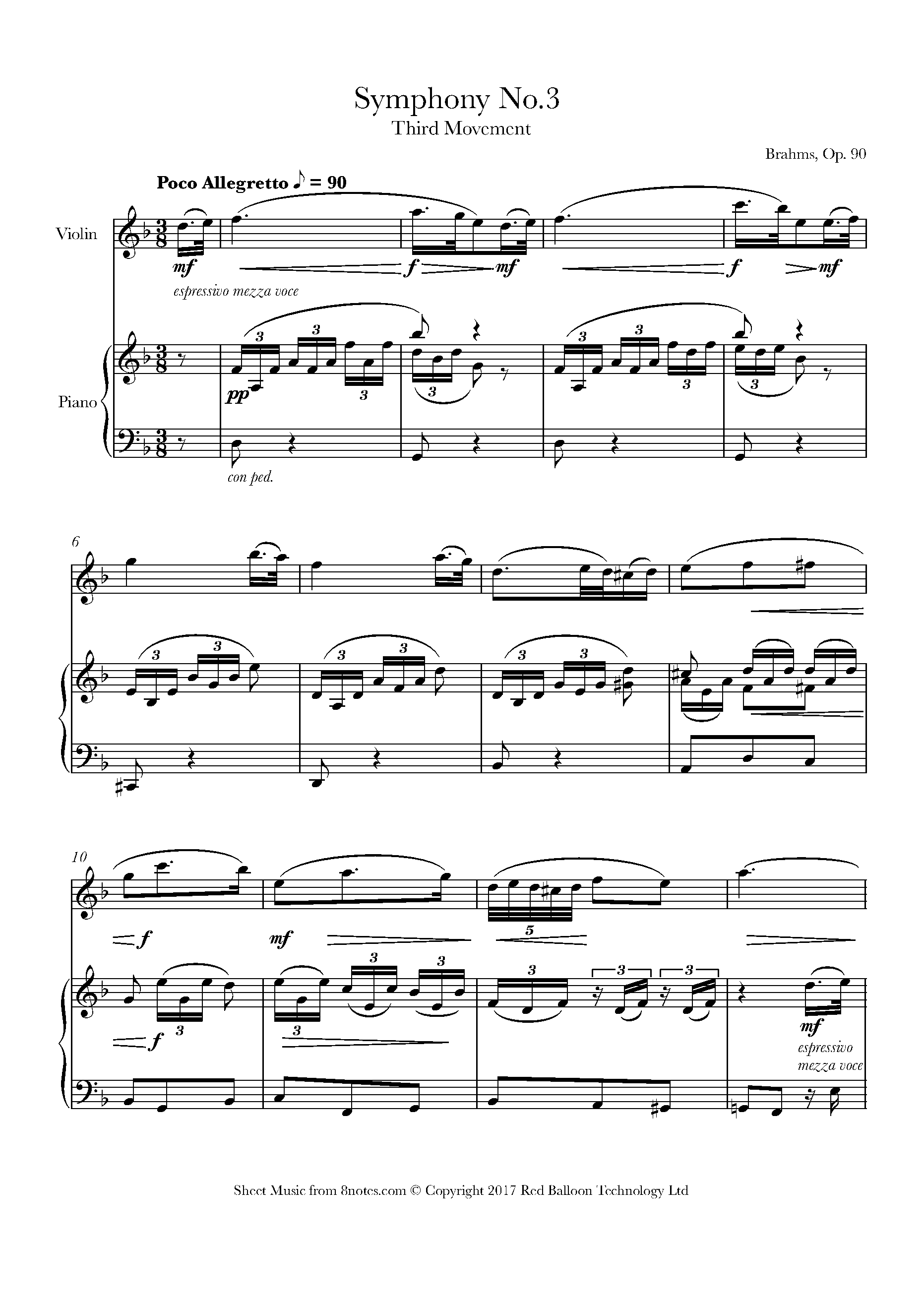 Brahms - Symphony No.3 Third Movement Poco Allegretto (Extract) Sheet ...