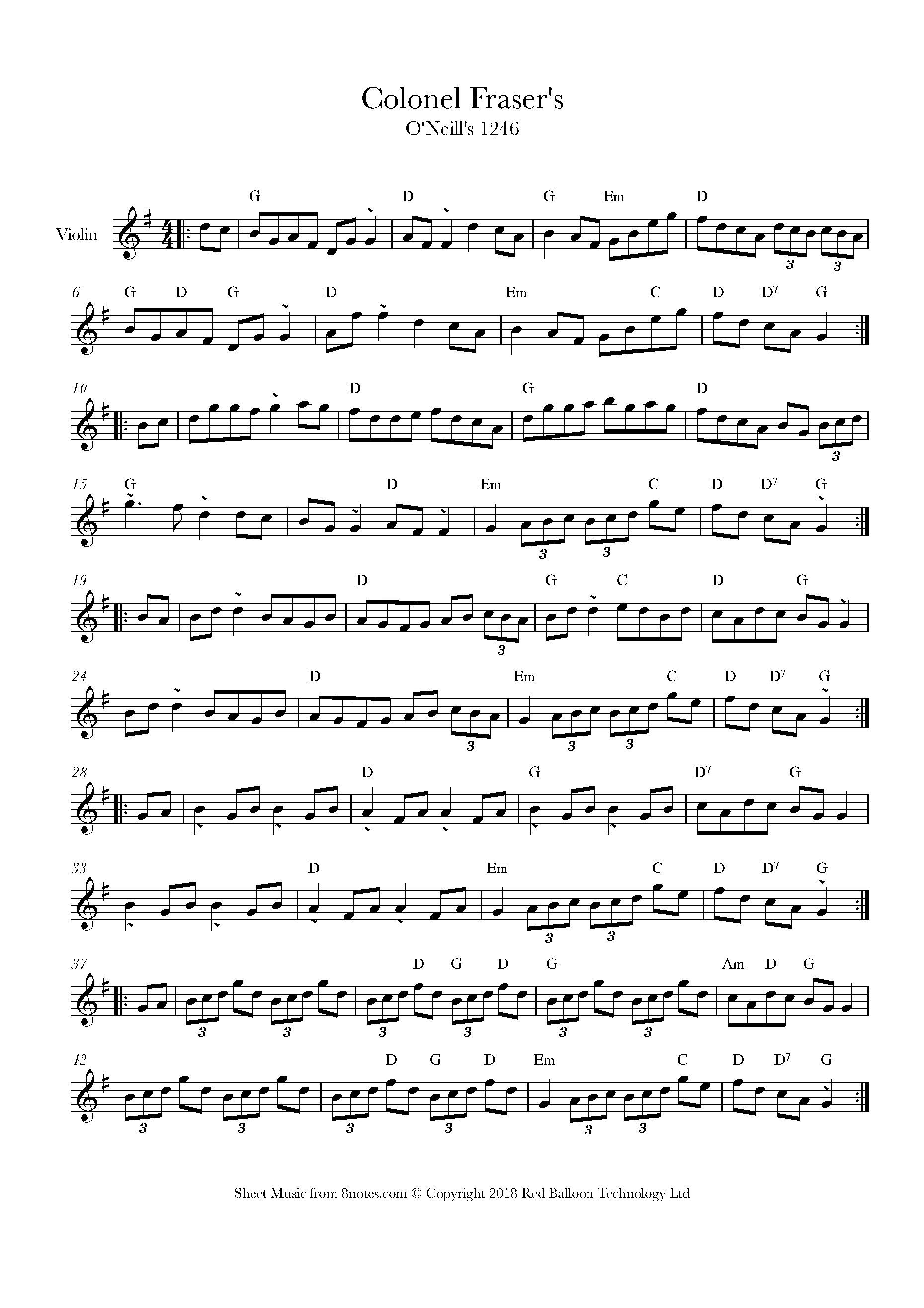Colonel Fraser (Irish Folk Song) Sheet music for Violin - 8notes.com