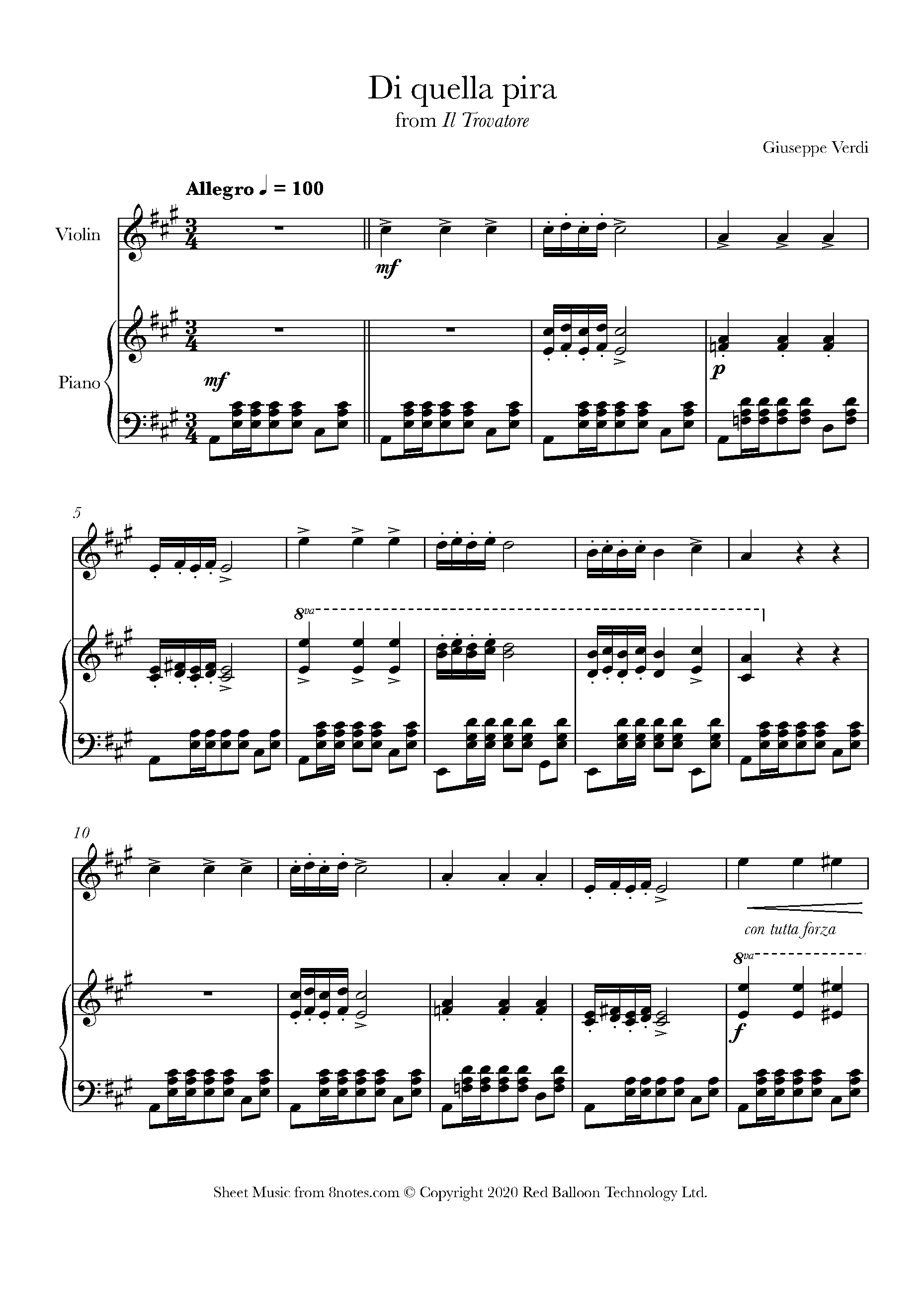 Verdi - Di quella pira from Il Trovatore Sheet music for Violin ...