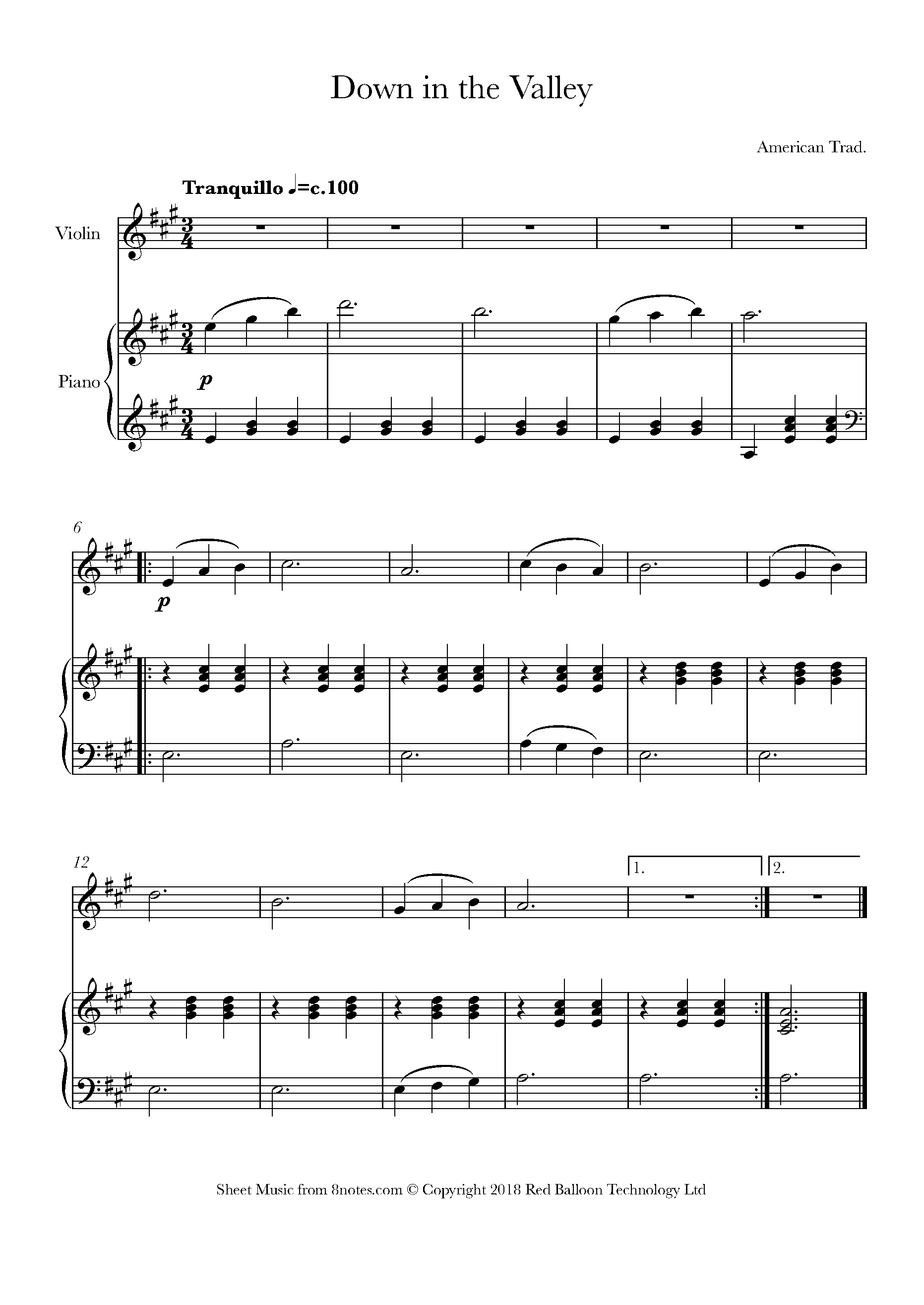 Down in the Valley Sheet music for Violin - 8notes.com
